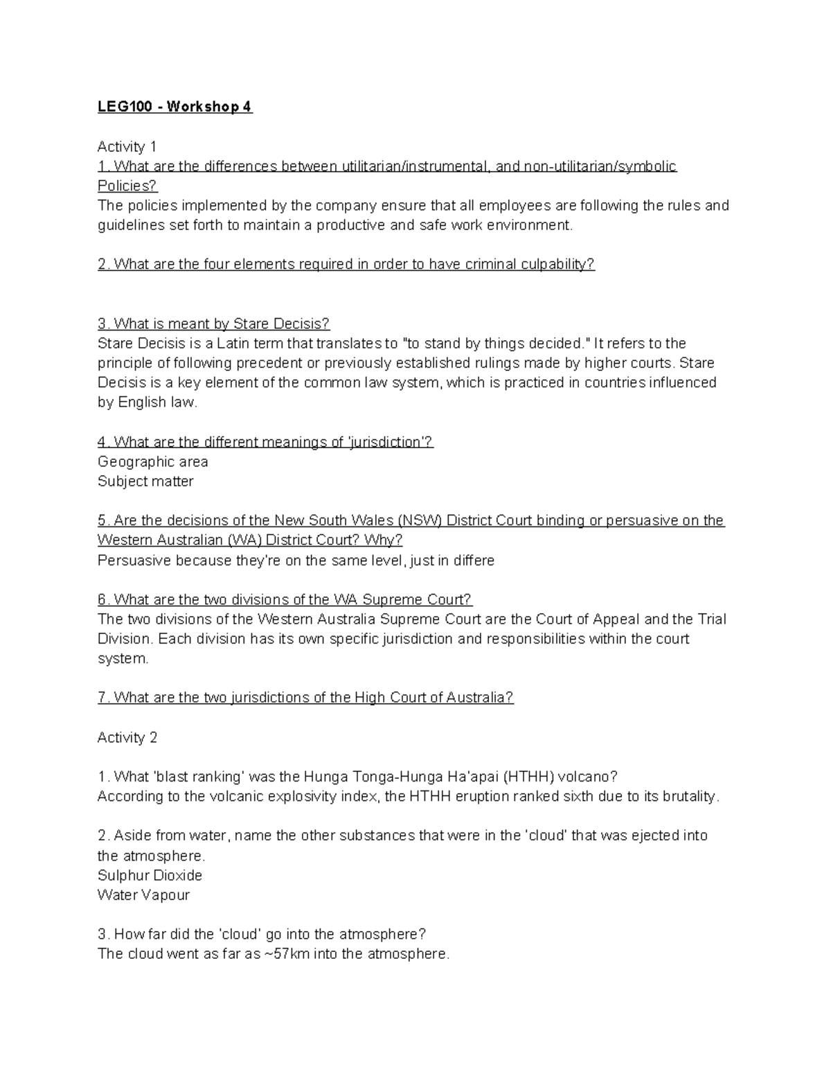 LEG100 - Week 4 Workshop 4 Activities: Legal Principles & Volcano ...