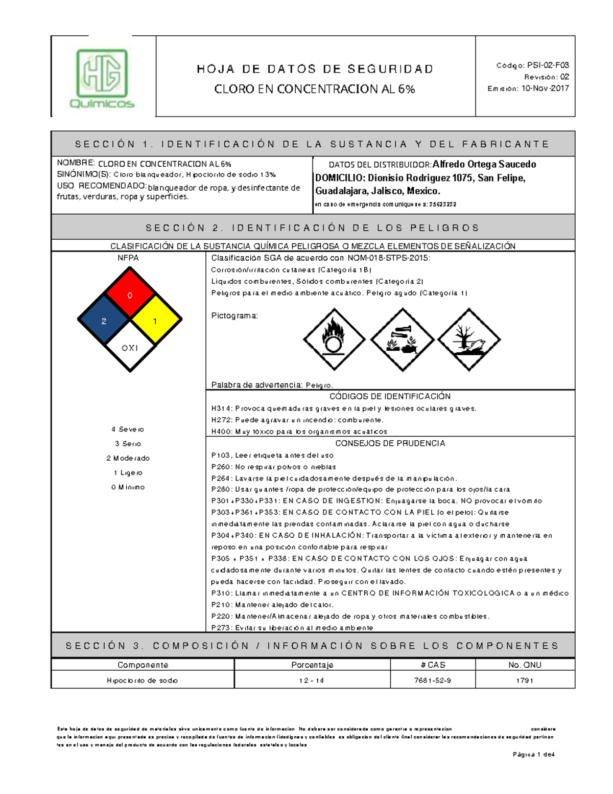 Ficha Técnica de Seguridad: Cloro 6% - Código: Revisión 02 - Studocu