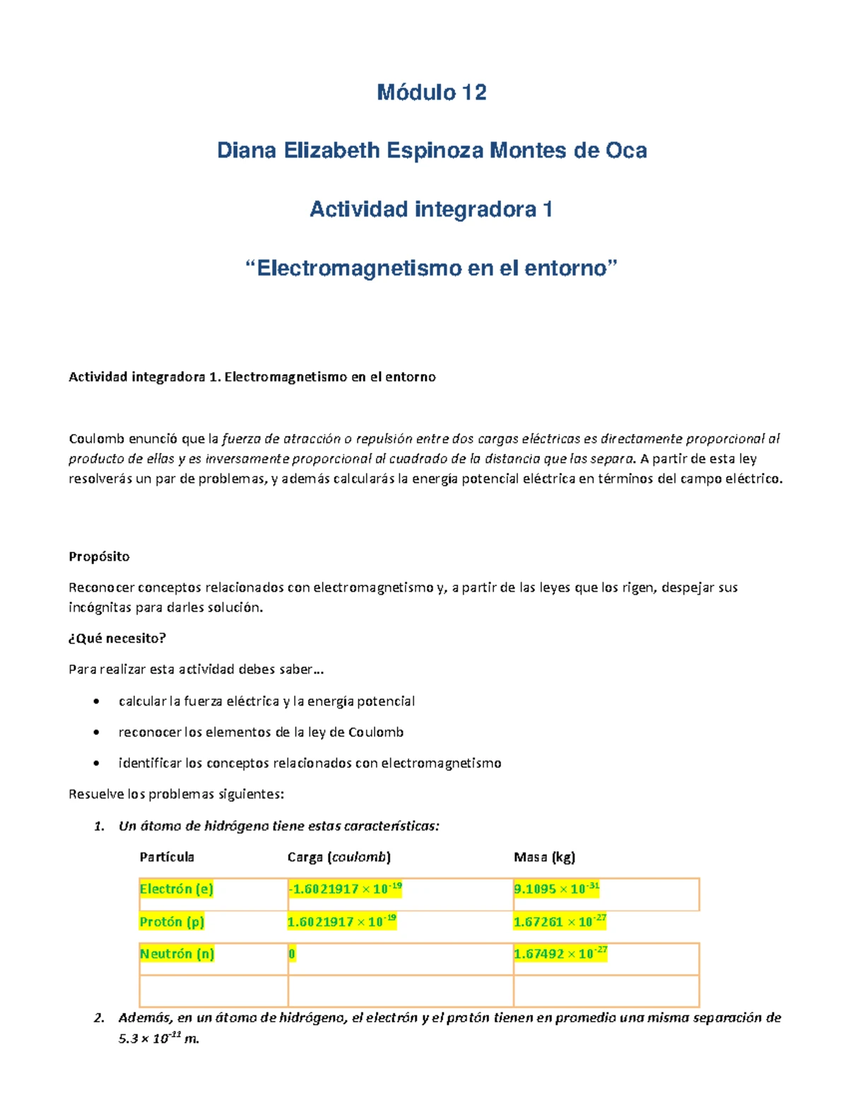 Módulo 12 Actividad integradora 1 “Electromagnetismo en el entorno” M12S1AI1 - Módulo 12 Diana ...