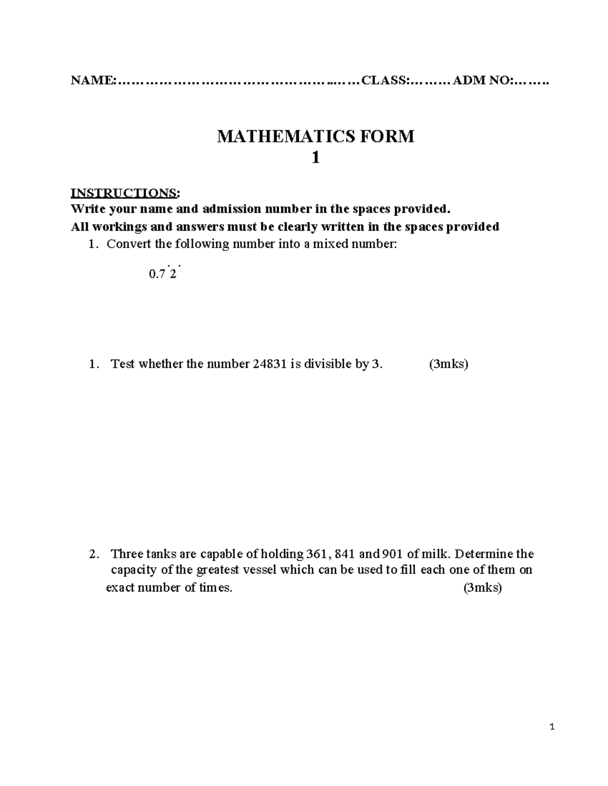 Form One Mathematics Set 2 Questions - - Studocu