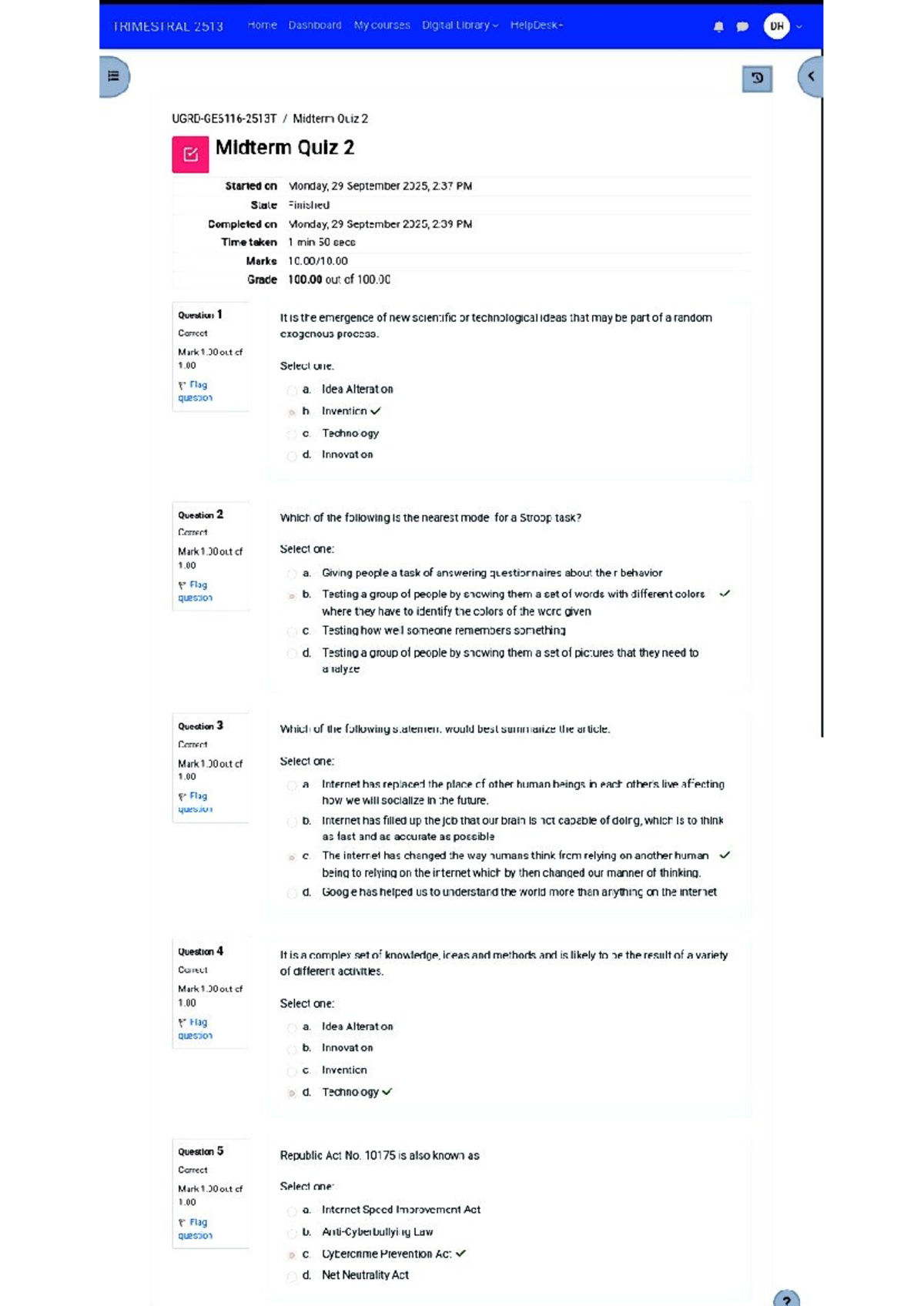 TRIMESTRAL 2513 Midterm Quiz 2 Answers and Insights - Studocu