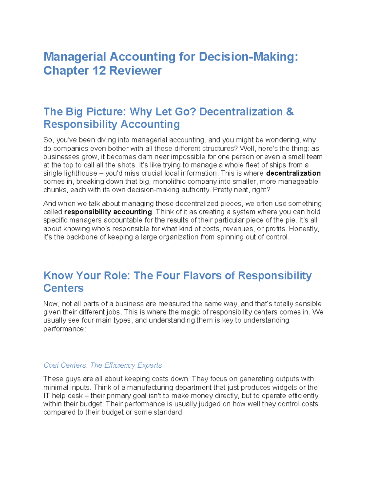 Managerial Accounting (Chapter 12) Review: Decentralization ...