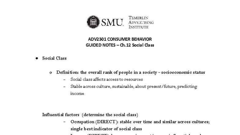 ADV2301 CONSUMER BEHAVIOR GUIDED NOTES: Ch.12 Social Class Insights ...