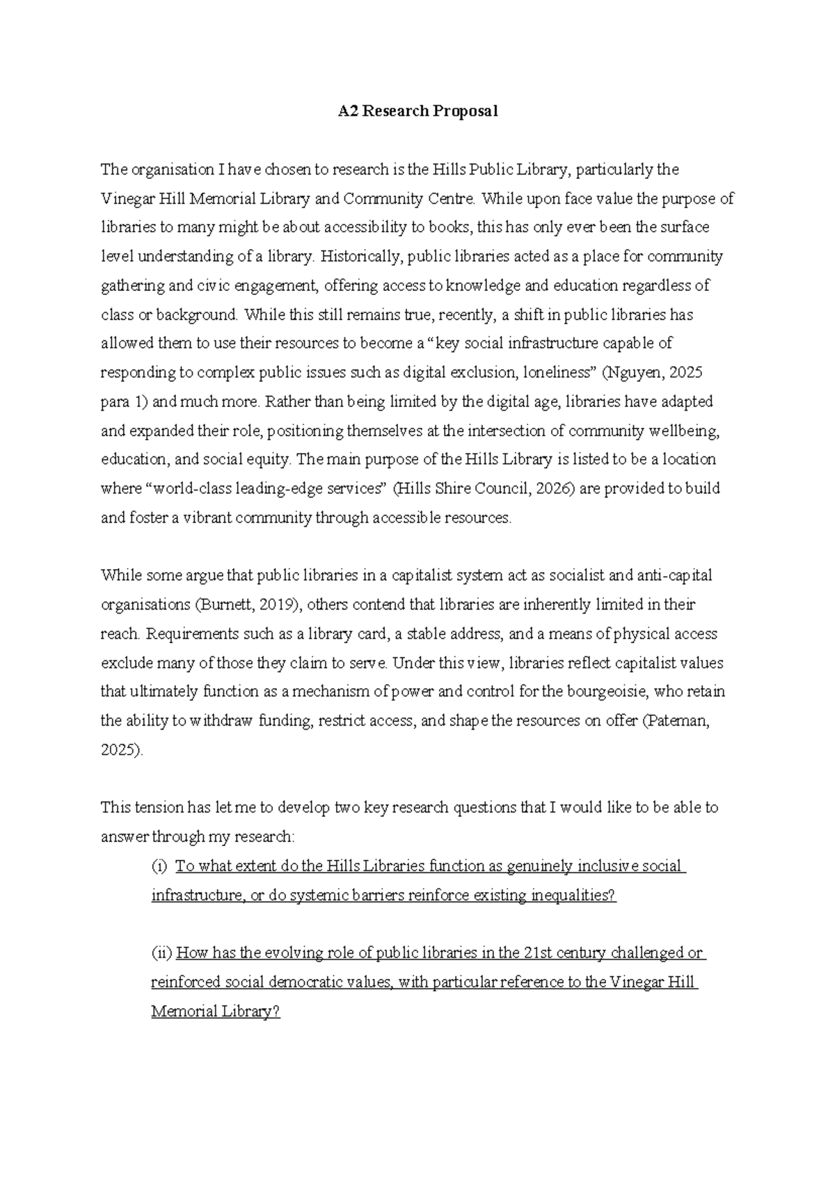 A2 Research Proposal: Examining Hills Public Library's Role in ...