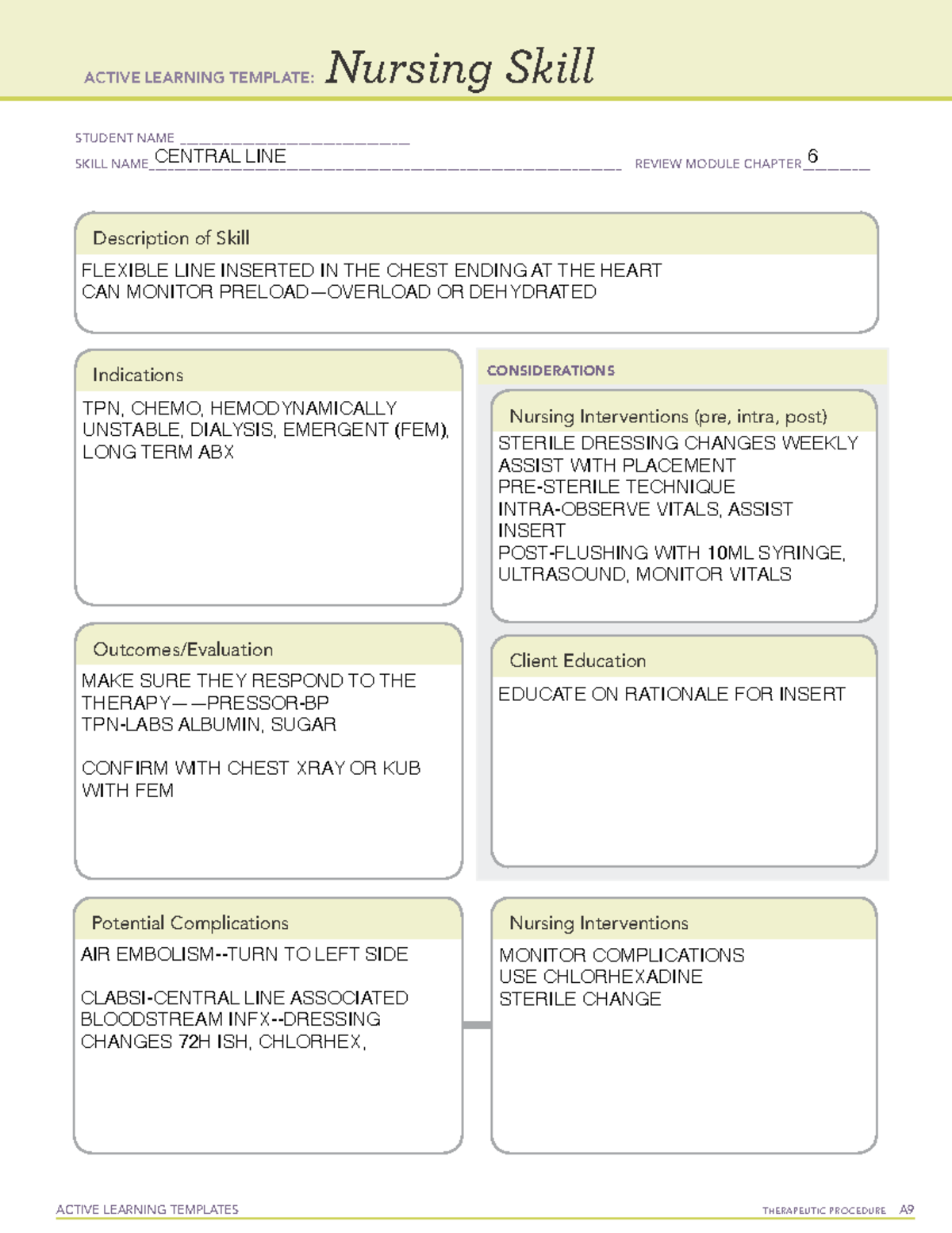 ACTIVE LEARNING TEMPLATE: Nursing Skill - Central Line Review - Studocu