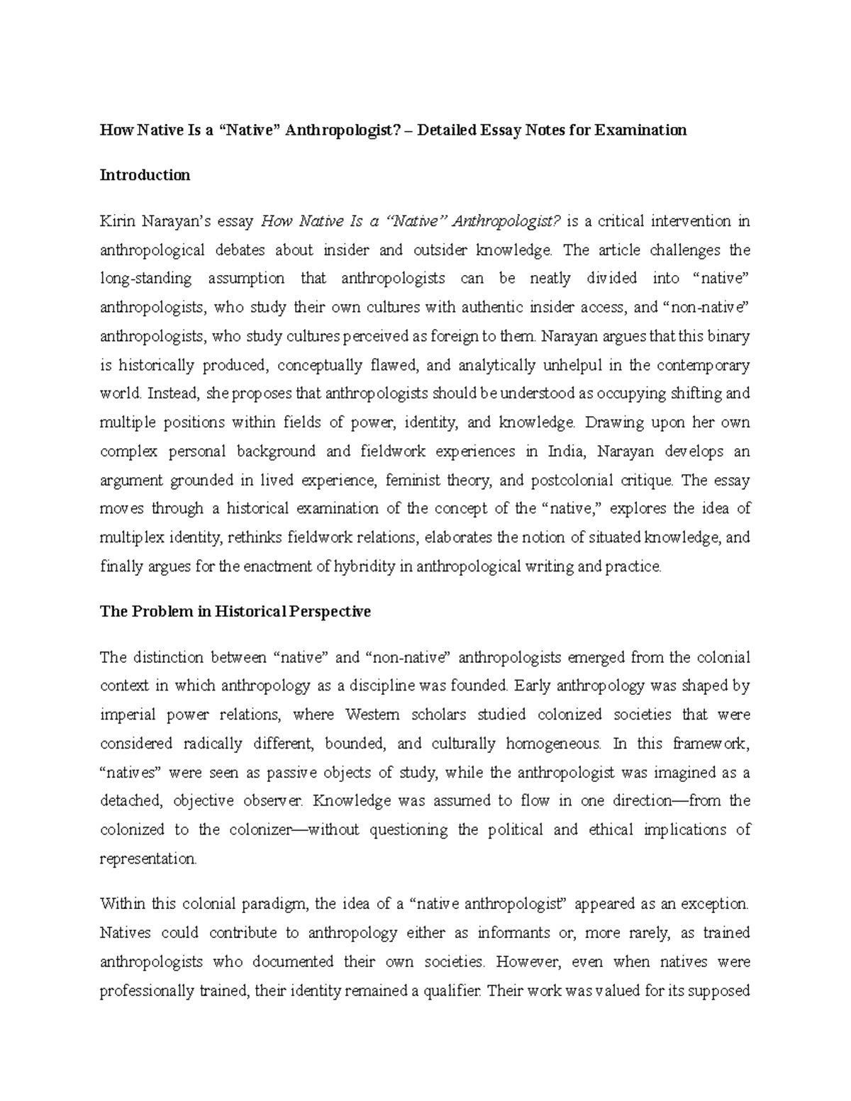 How Native Is a "Native" Anthropologist? Essay Notes for Exam - Studocu