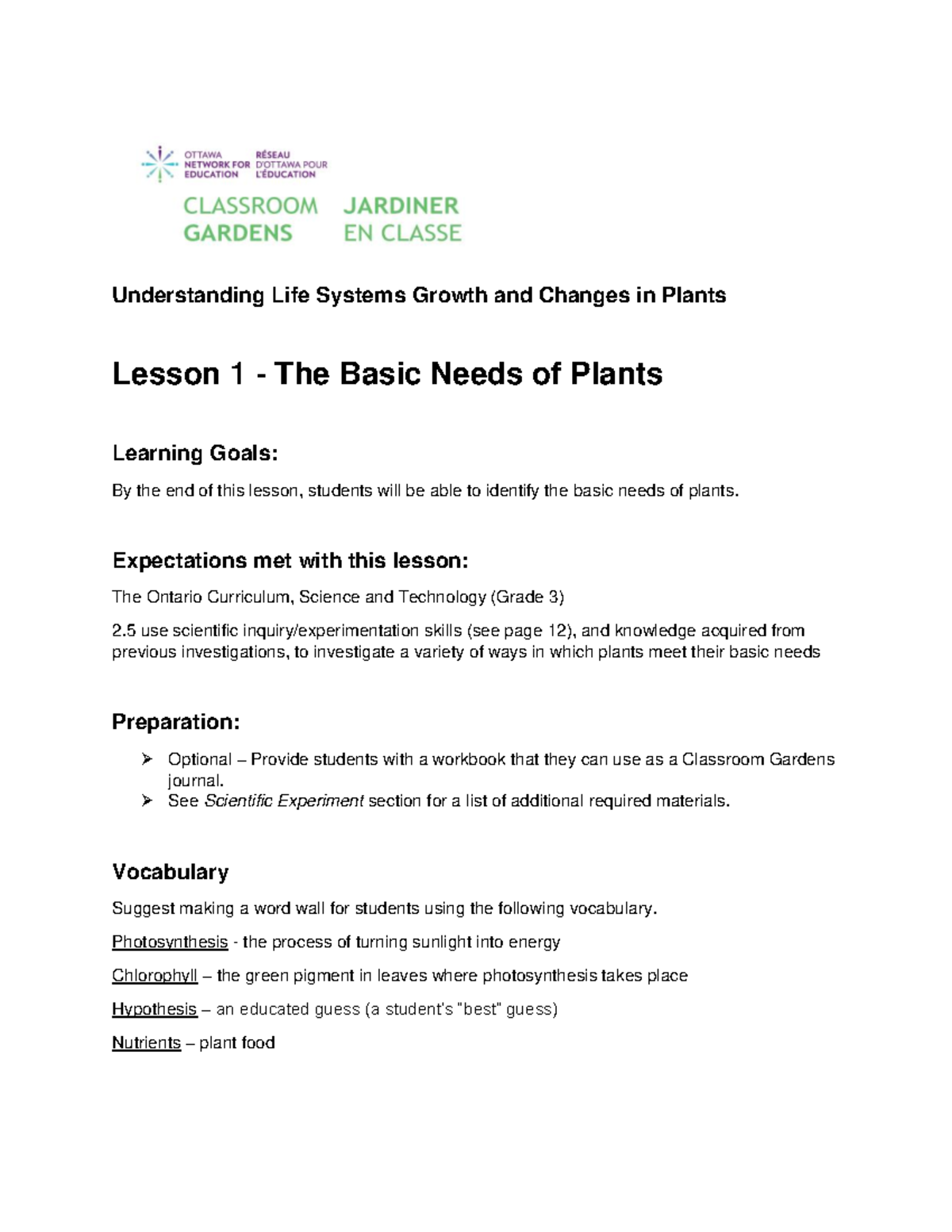 Lesson 1: Basic Needs of Plants - Grade 3 Science Overview EN Final ...