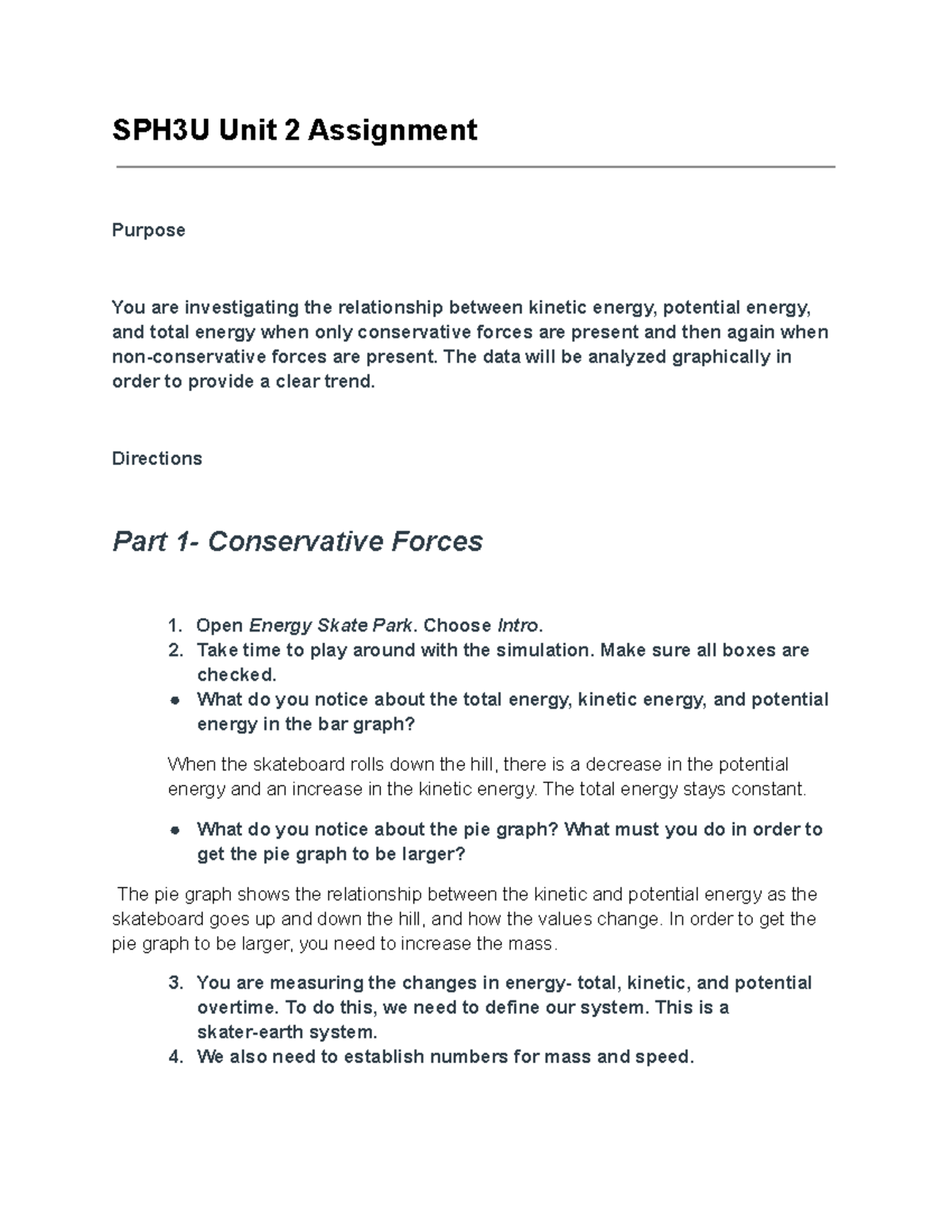 SPH3U Unit 2 Assignment: Energy Conservation in Forces Experiment - Studocu