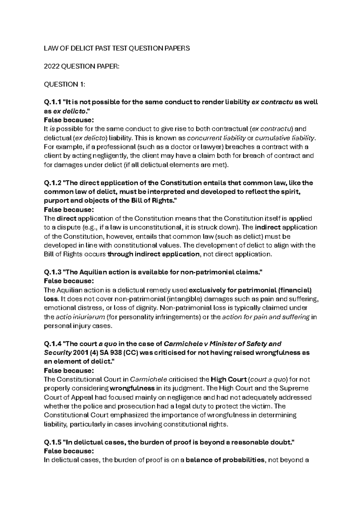 LAW OF DELICT PAST TEST QUESTION PAPERS 2022-2024: KEY CONCEPTS AND ...