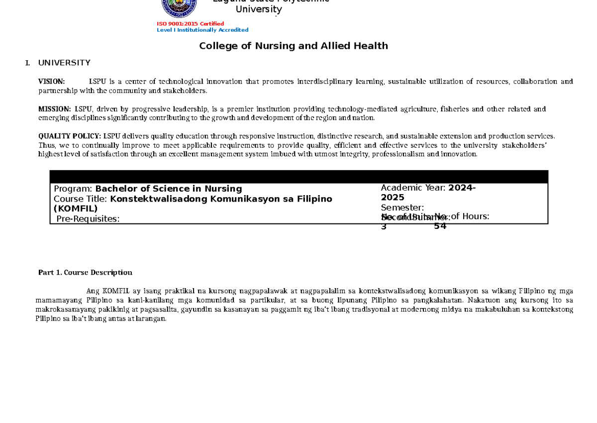 KOMFIL Syllabus (BSN 2024-2025): Contextualized Communication in ...
