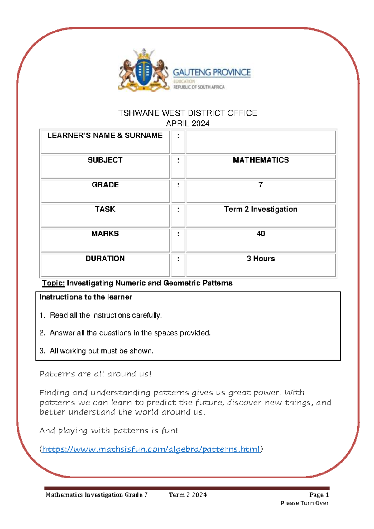 Mathematics Investigation G7 Term 2 Patterns Exam 2024 - Studocu