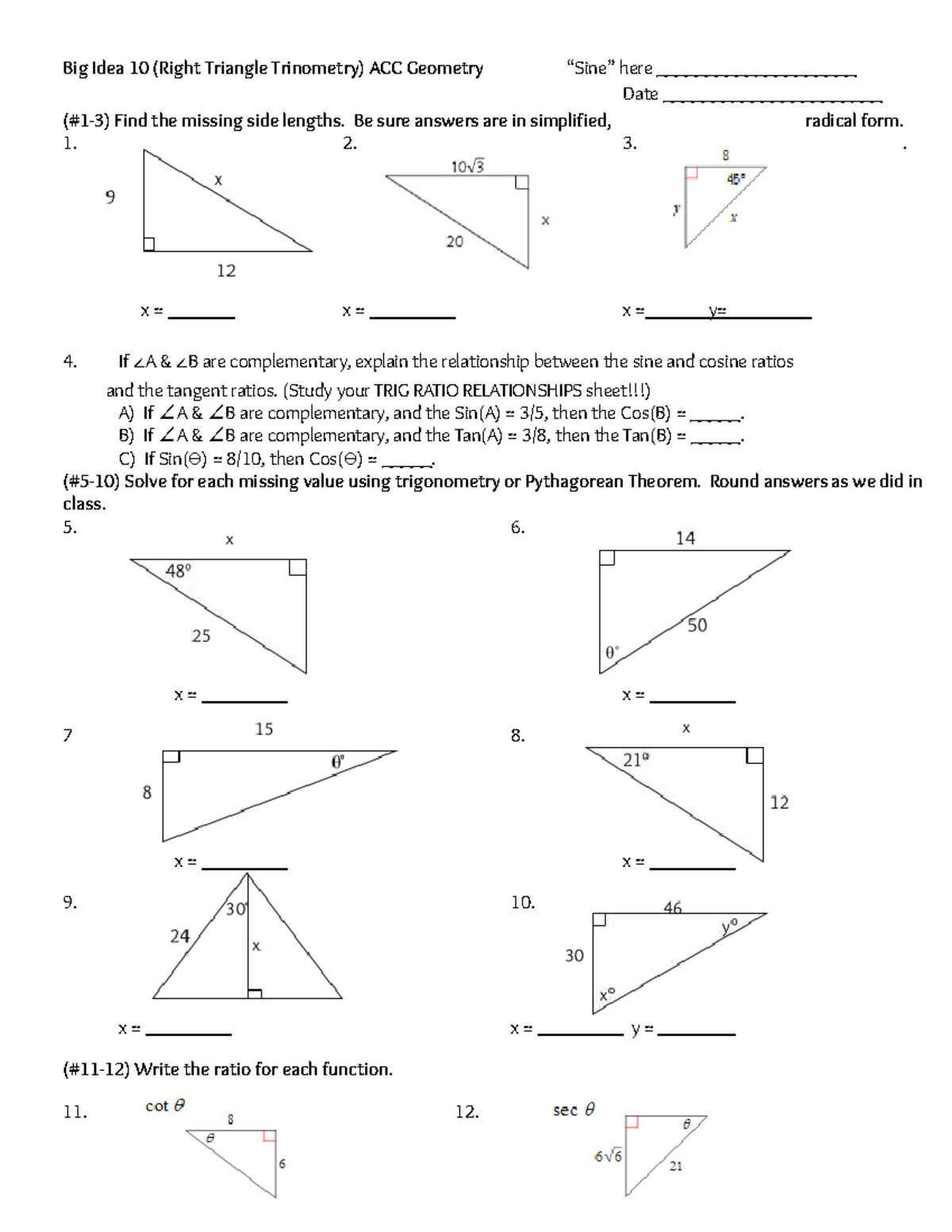 Big Idea 10: Right Triangle Trig Study Guide - ACC Geometry - Studocu