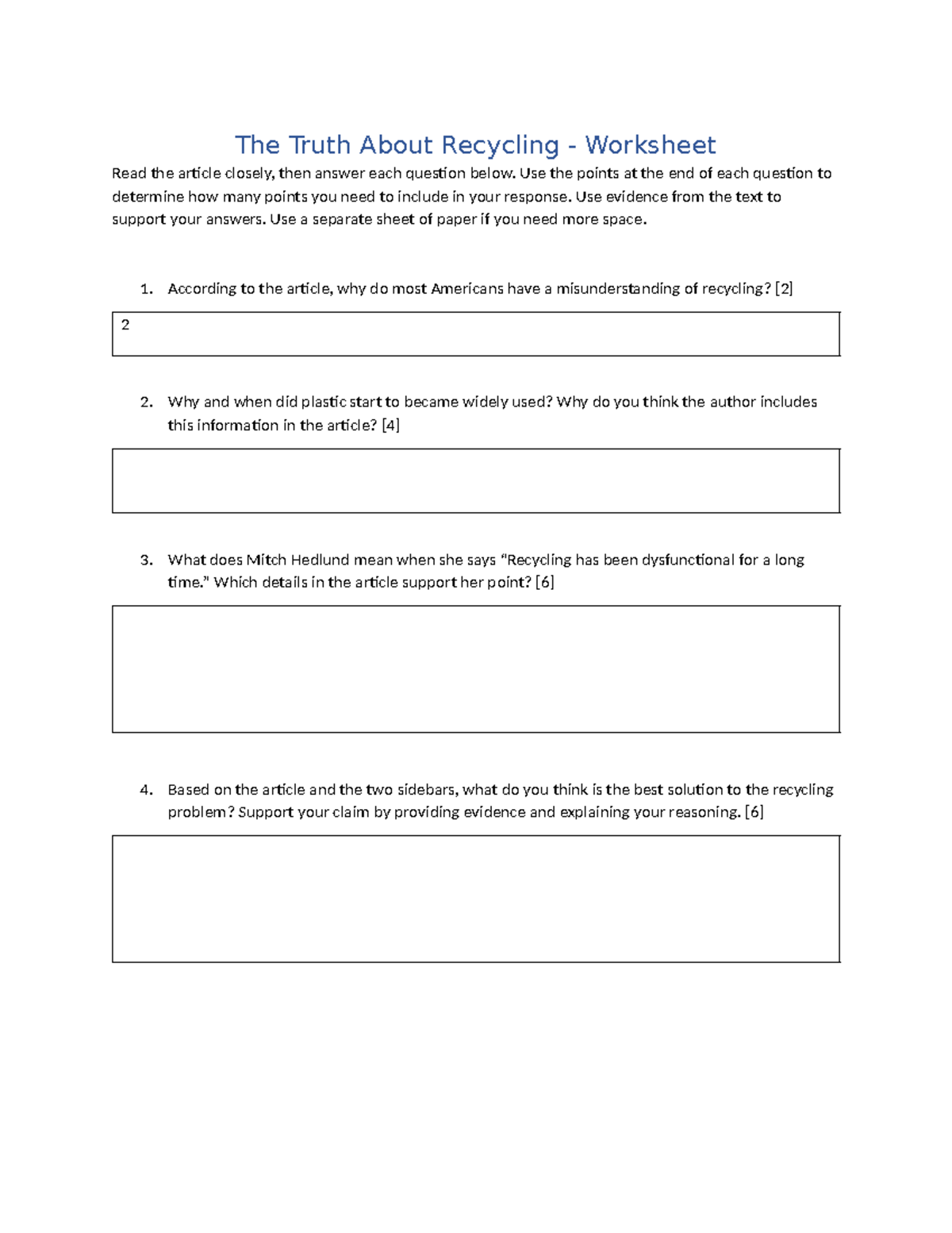 Recycling Misconceptions Worksheet 2: Key Insights and Questions - Studocu