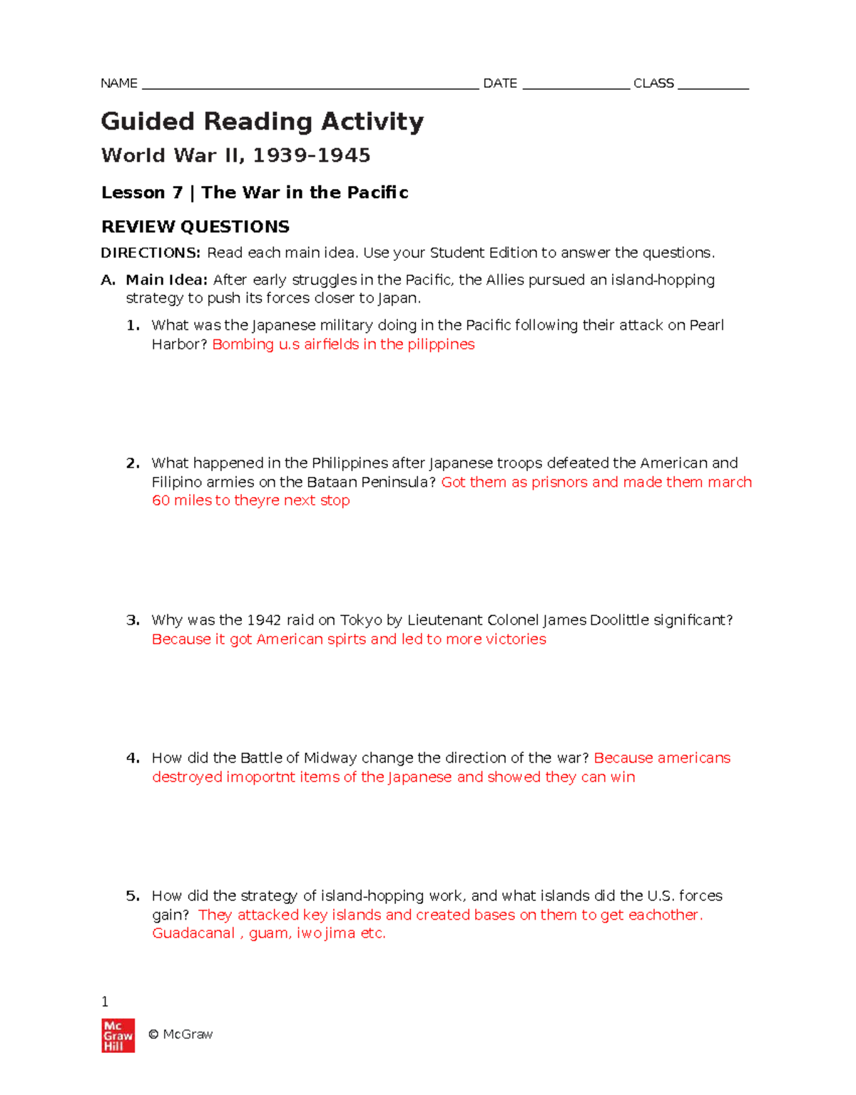 GR- WWII- Lesson 7: Guided Reading Activity on the War in the Pacific ...