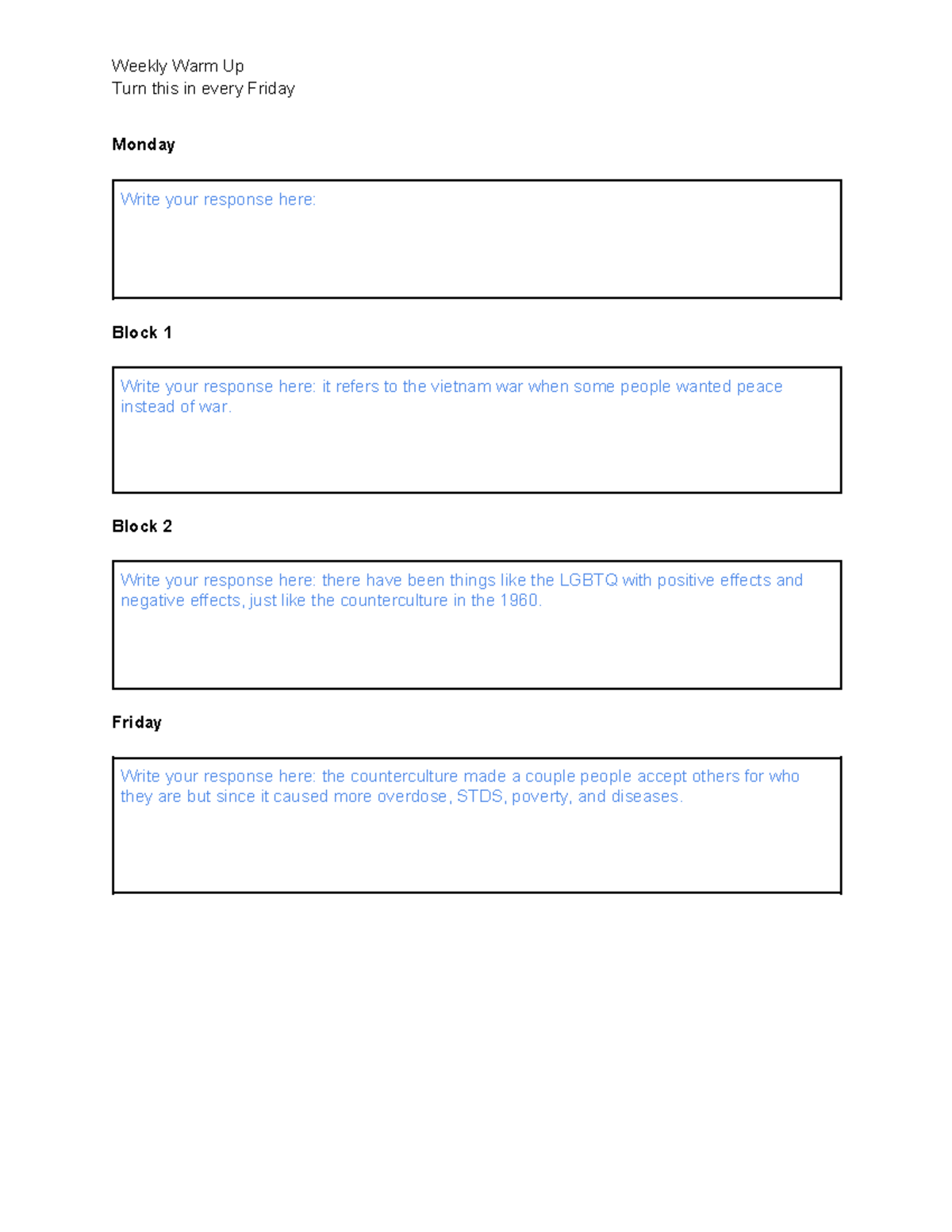 Copy of Weekly Warm Ups AV - Weekly Warm Up Turn this in every Friday ...