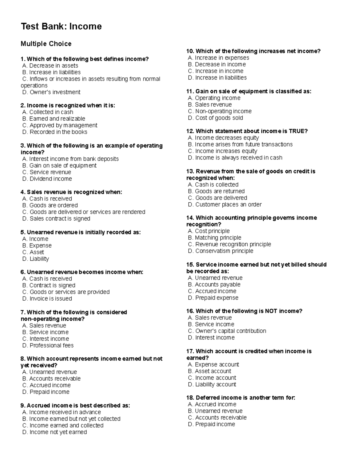 Income Test Bank: Multiple Choice Questions on Income Concepts - Studocu