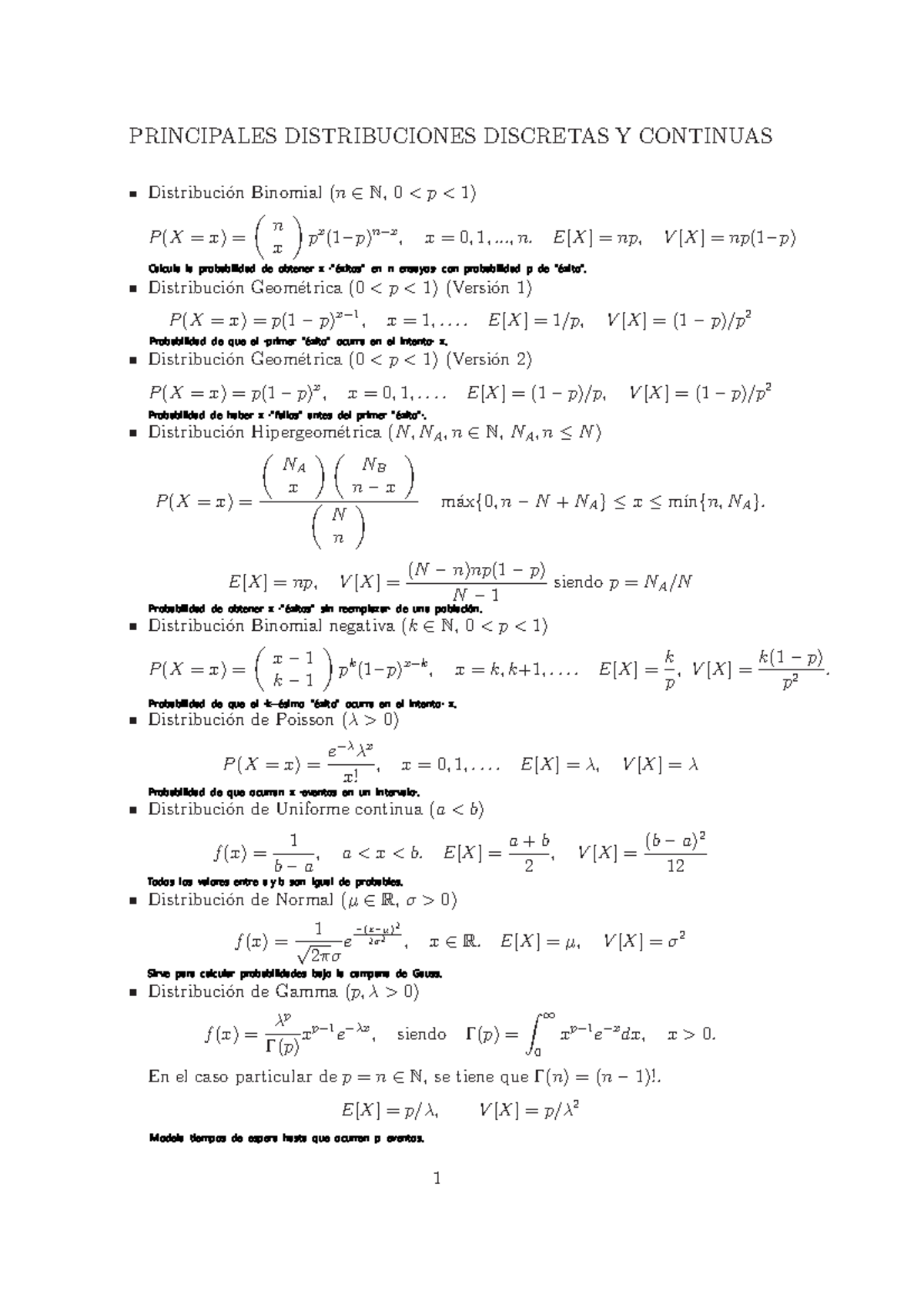 Distribuciones Discretas y Continuas - Tablas de Referencia - Studocu