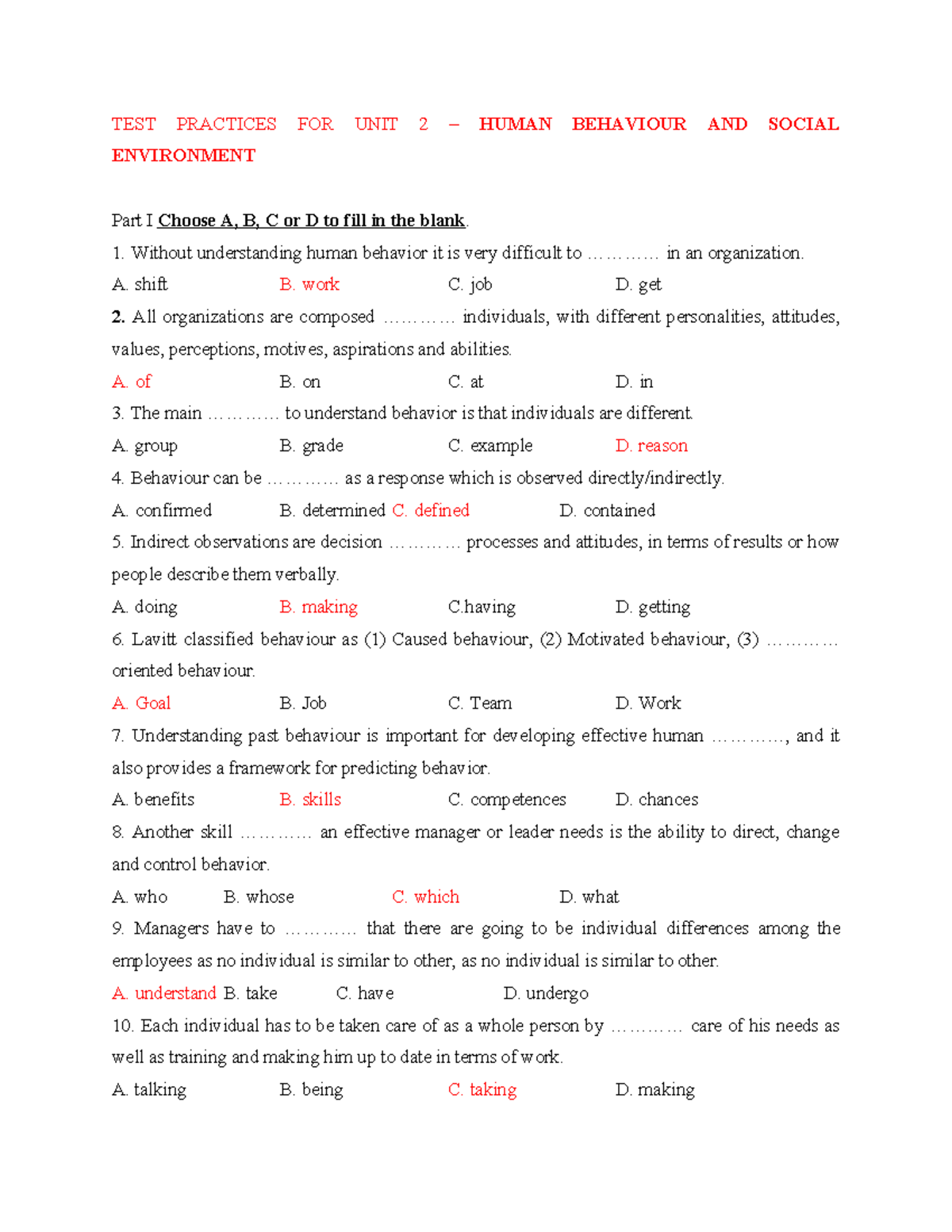 TEST Practices FOR UNIT 2-KEY - TEST PRACTICES FOR UNIT 2 – HUMAN ...