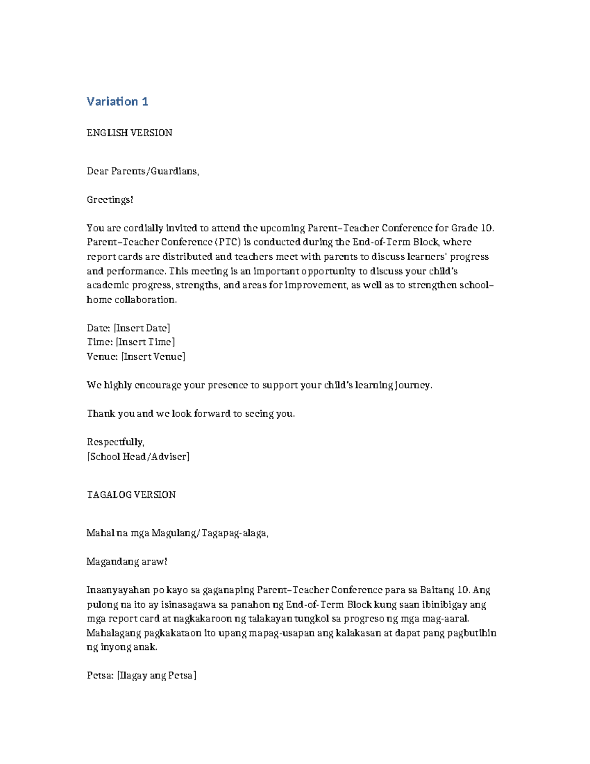 Grade 10 PTC Invitation Letters for Parents/Guardians - Studocu