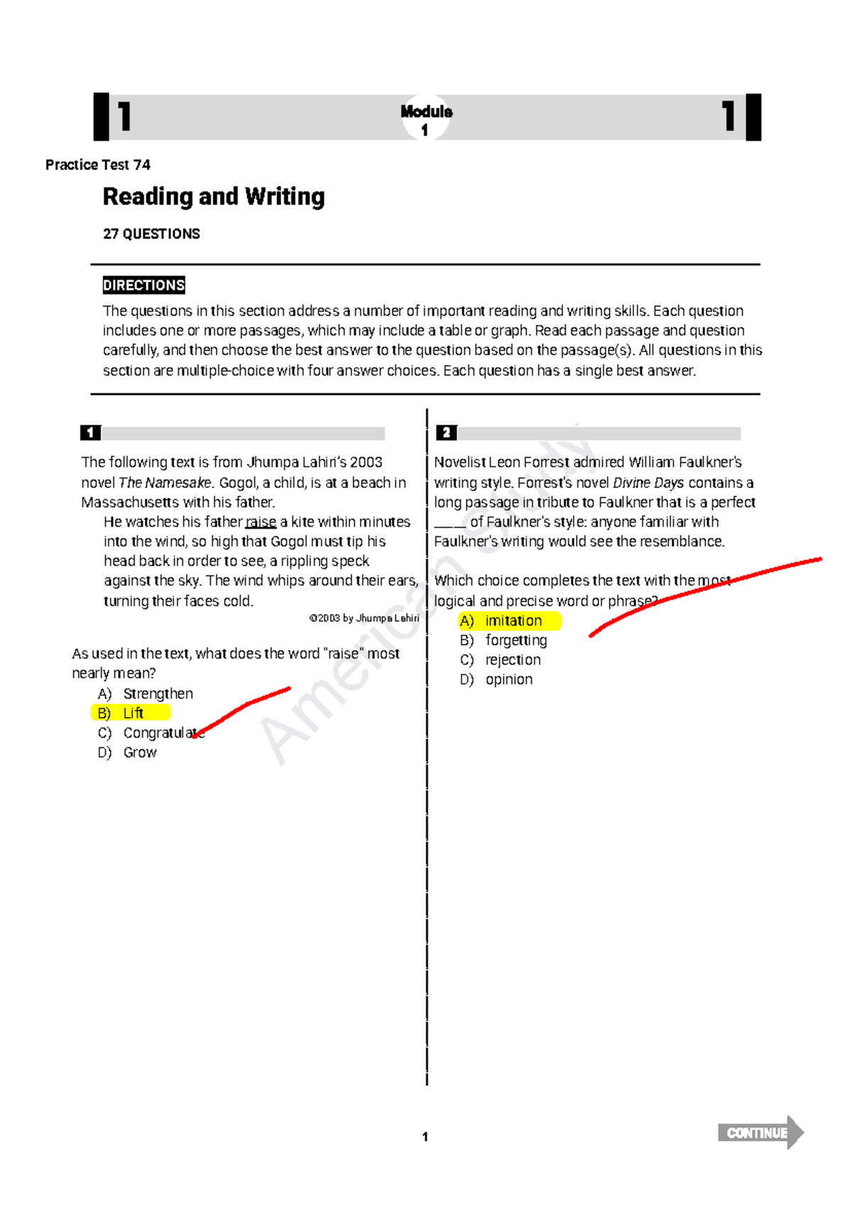 Practice Test 74: Reading and Writing Skills Assessment - Studocu