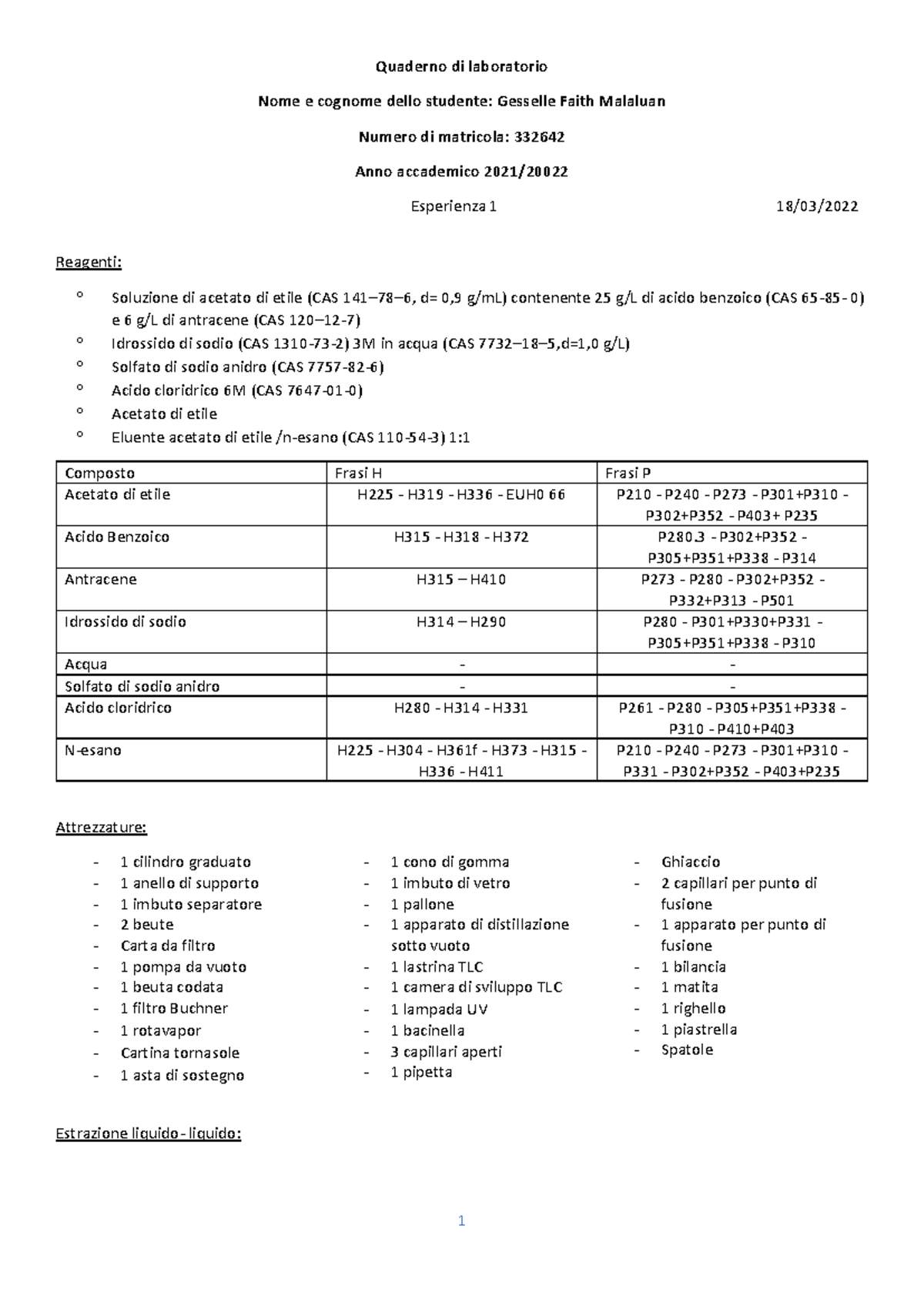 Laboratory Notebook: Extraction and Distillation Experiments (Chem 101 ...