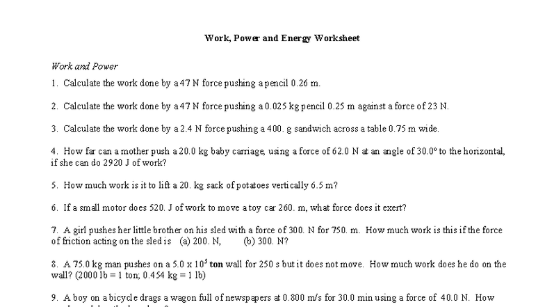 Work, Power, Energy Review Worksheet WITH ANSWERS - Work, Power and ...