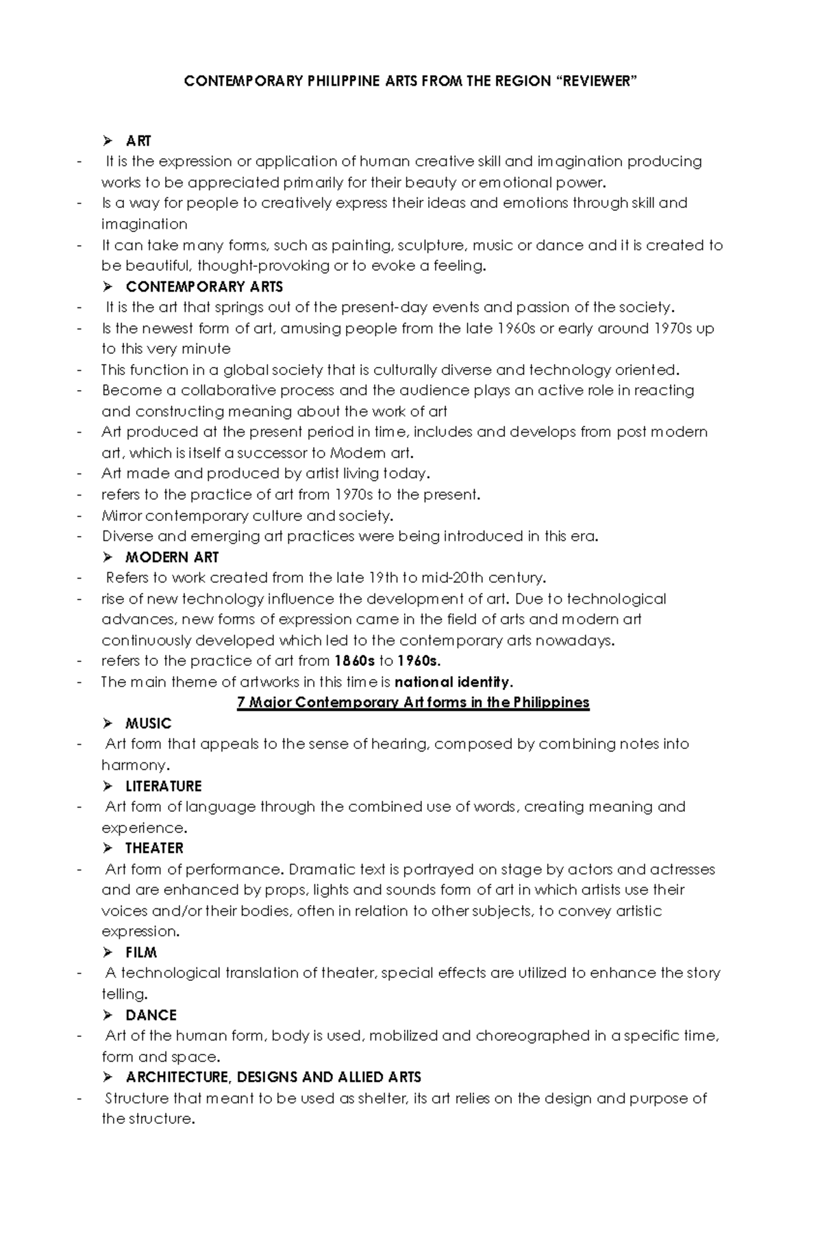 CPAR 3rd Quarter Reviewer: Contemporary Philippine Arts Overview - Studocu