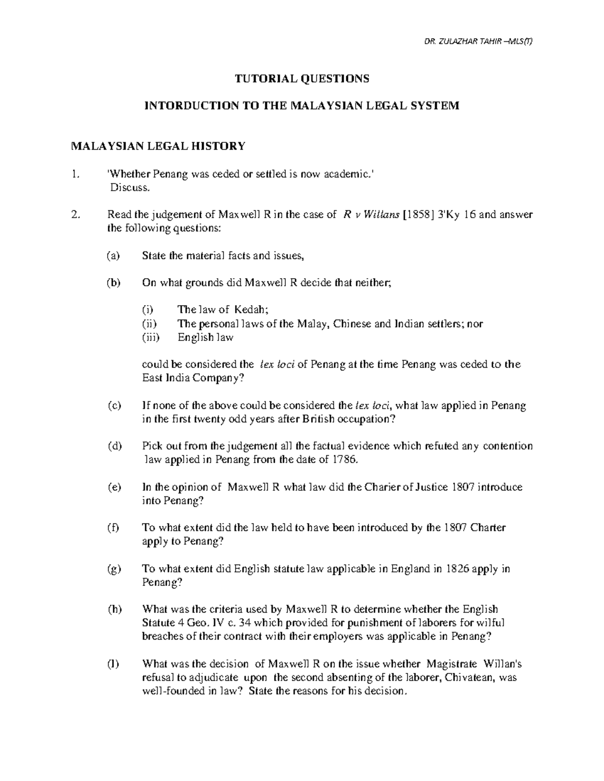 Soalan Tutorial MLS - Introduction to Malaysian Legal System - Studocu