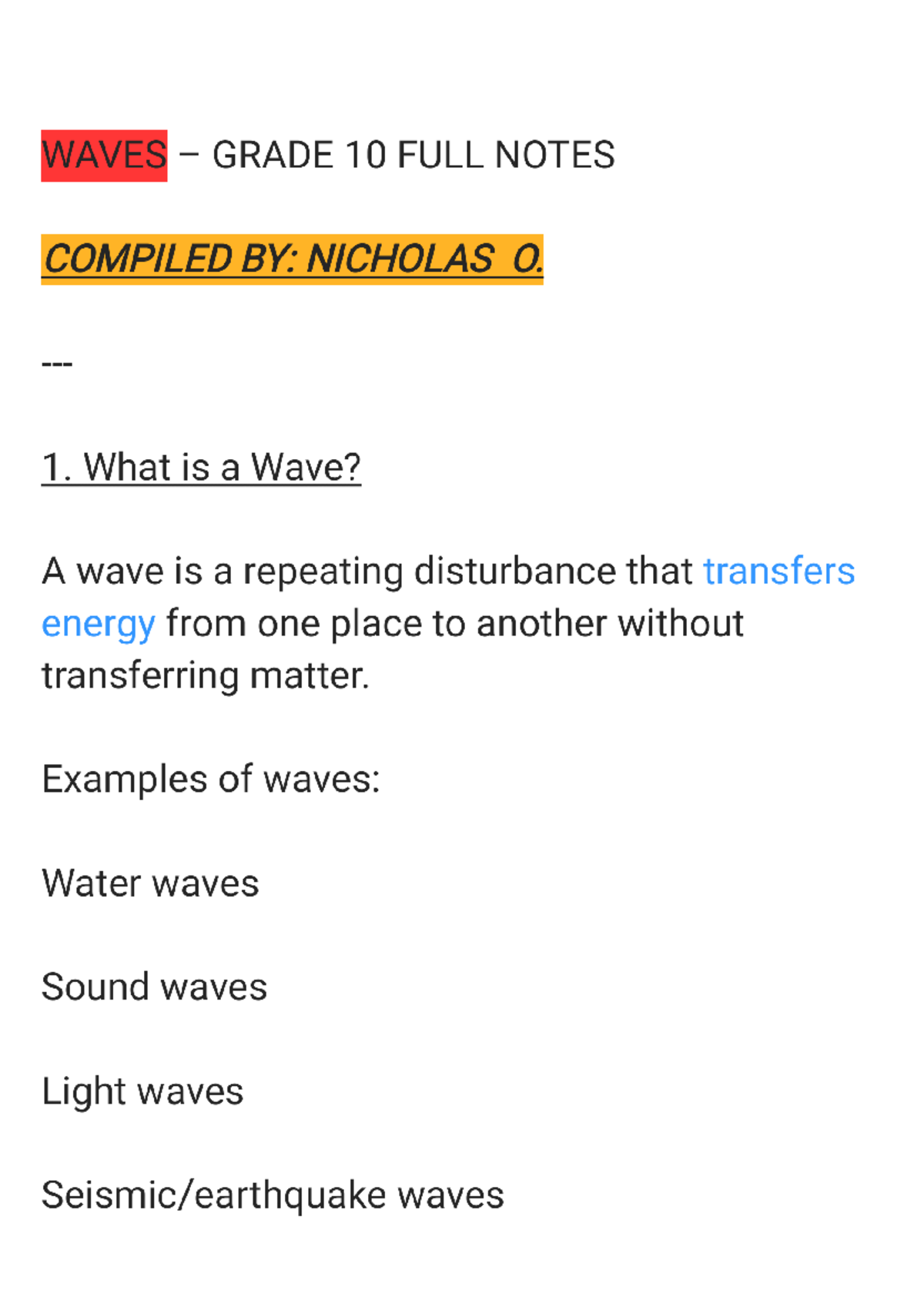 WAVES GRADE 10 FULL NOTES - COMPILED BY NICHOLAS O. - Studocu