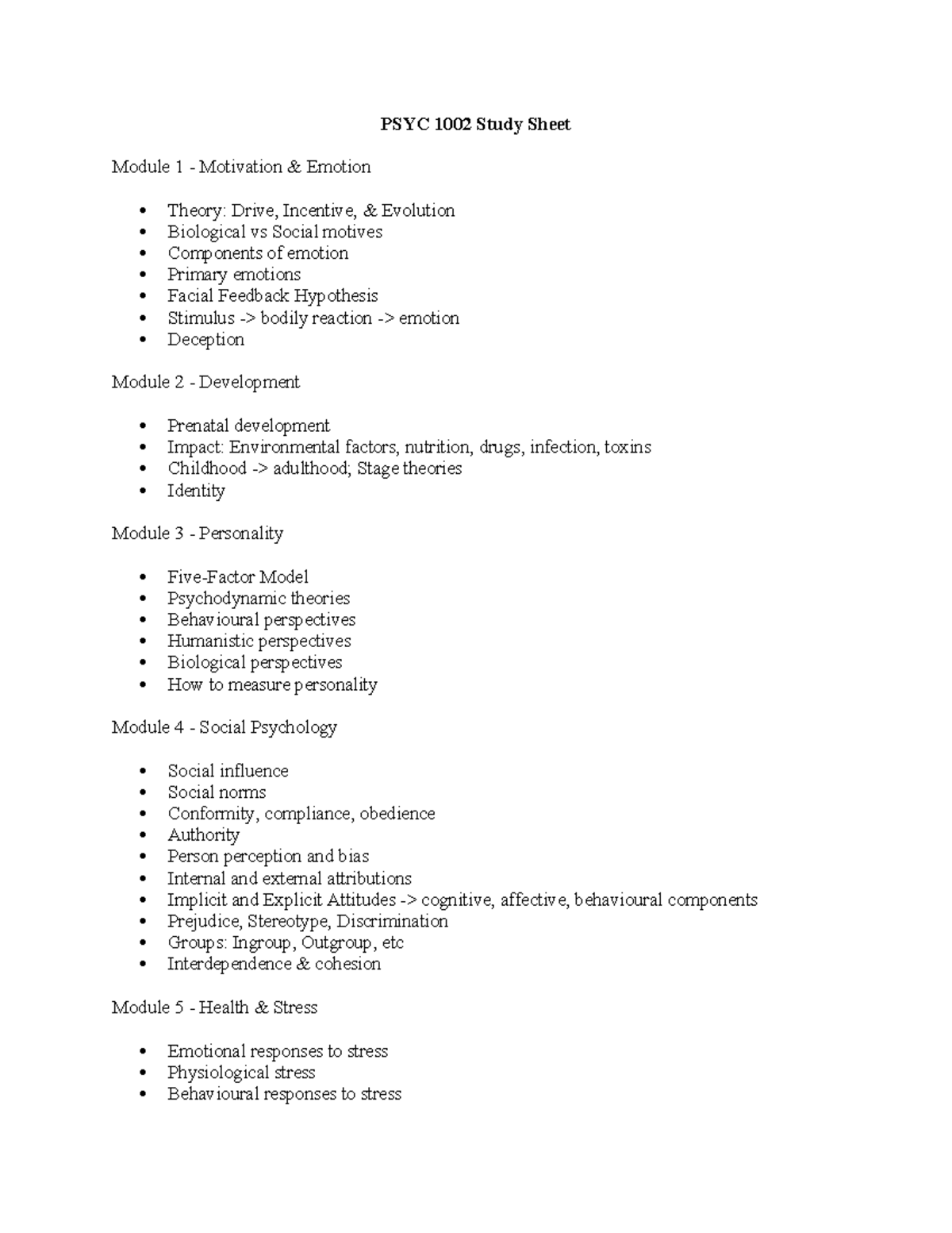 PSYC 1002 Study Sheet: Motivation, Emotion, Development & Personality ...