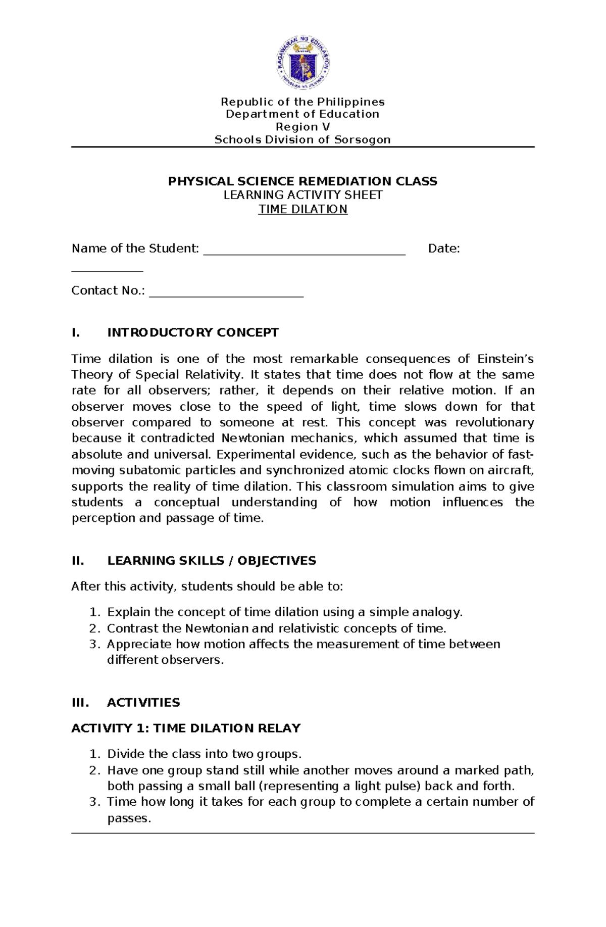 PHYSICAL SCIENCE REMEDIATION CLASS: Time Dilation Activity Sheet - Studocu