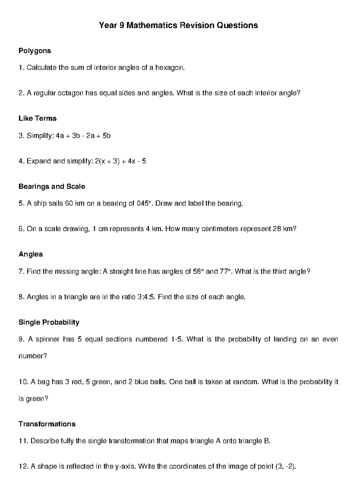 Year 9 Mathematics Revision: Polygons, Angles, and Probability - Studocu
