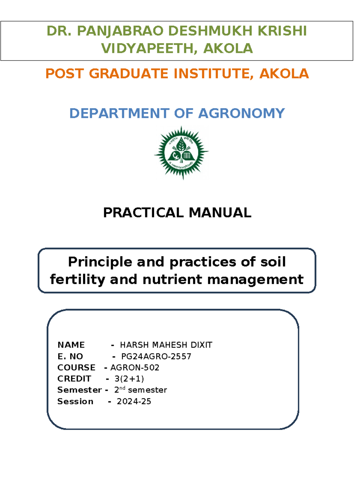 AGRO-513 Practical Manual: Soil Fertility & Nutrient Management - Studocu