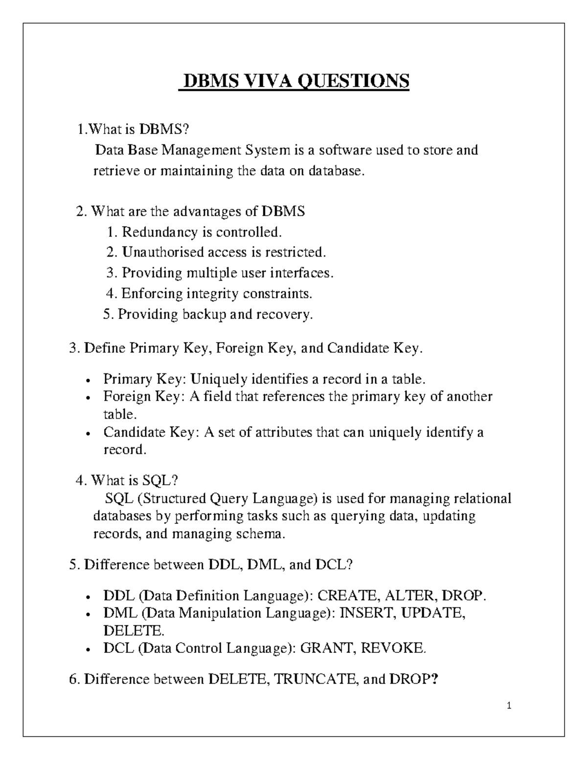 DBMS VIVA Questions - BCA Study Guide for Exam Preparation - Studocu