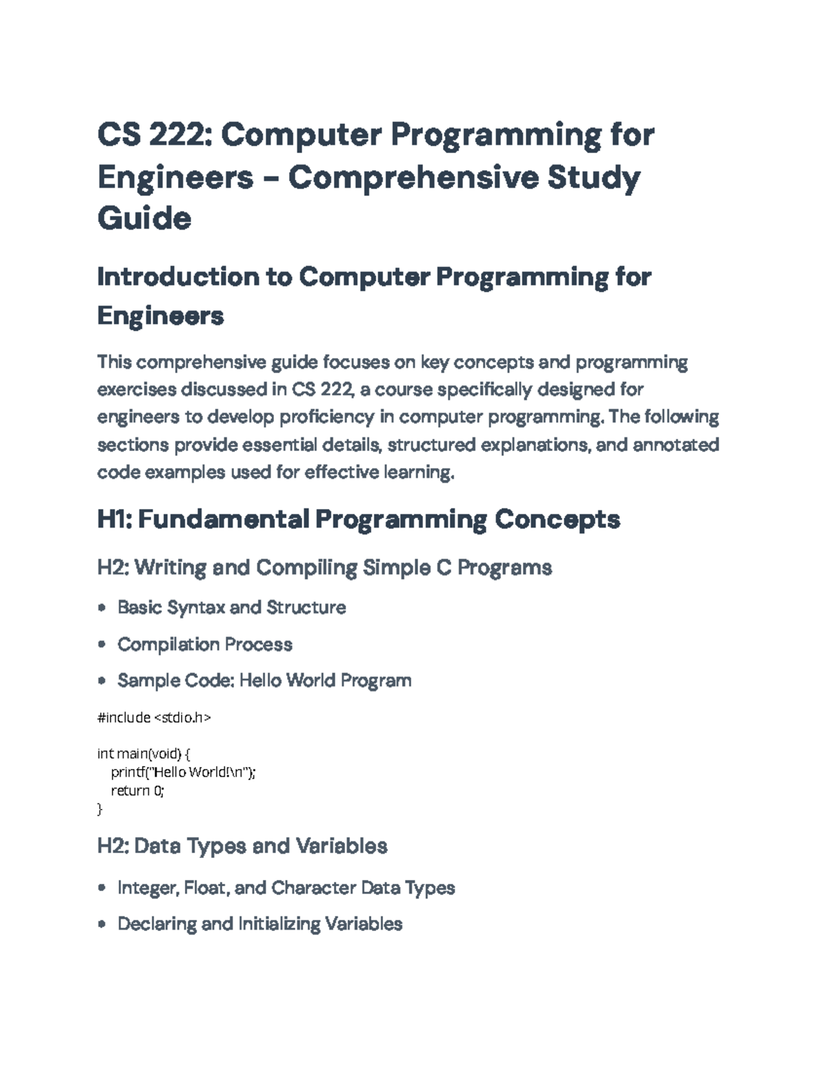 CS 222: Comprehensive Study Guide for Computer Programming in ...