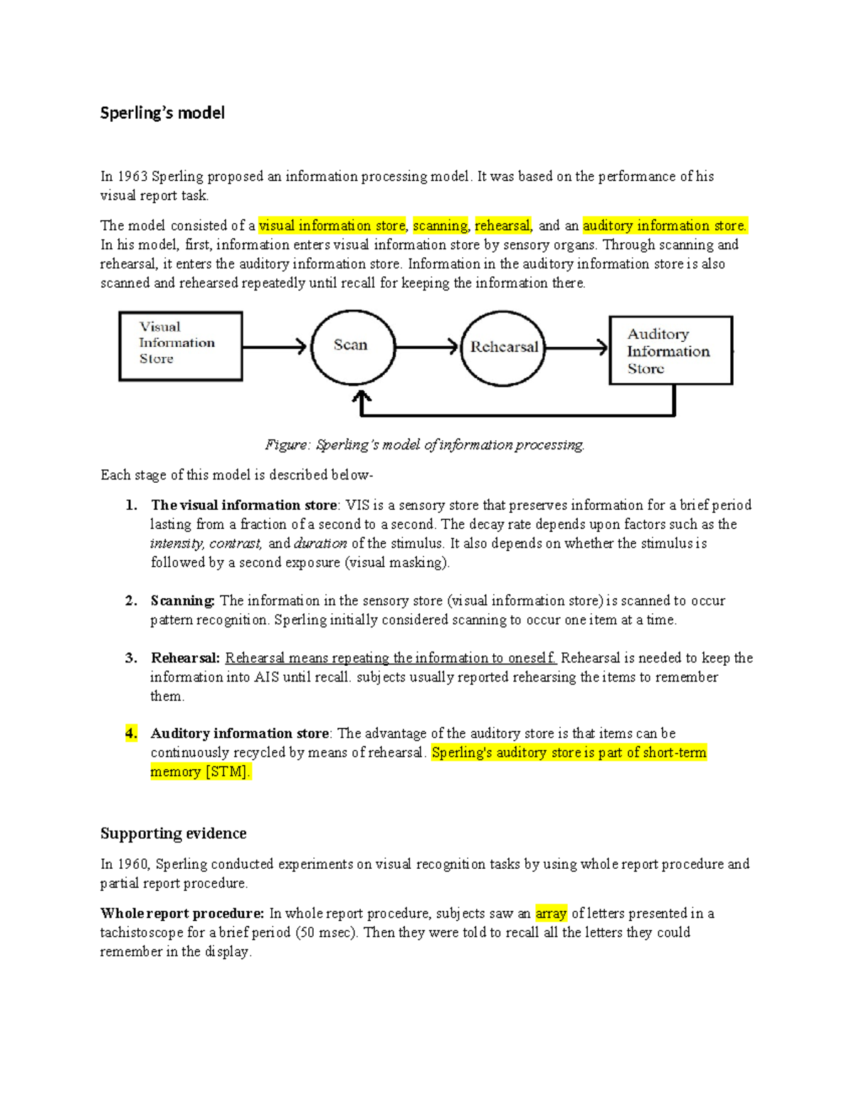 Sperling's Model: Overview of Information Processing (1963-1967) - Studocu