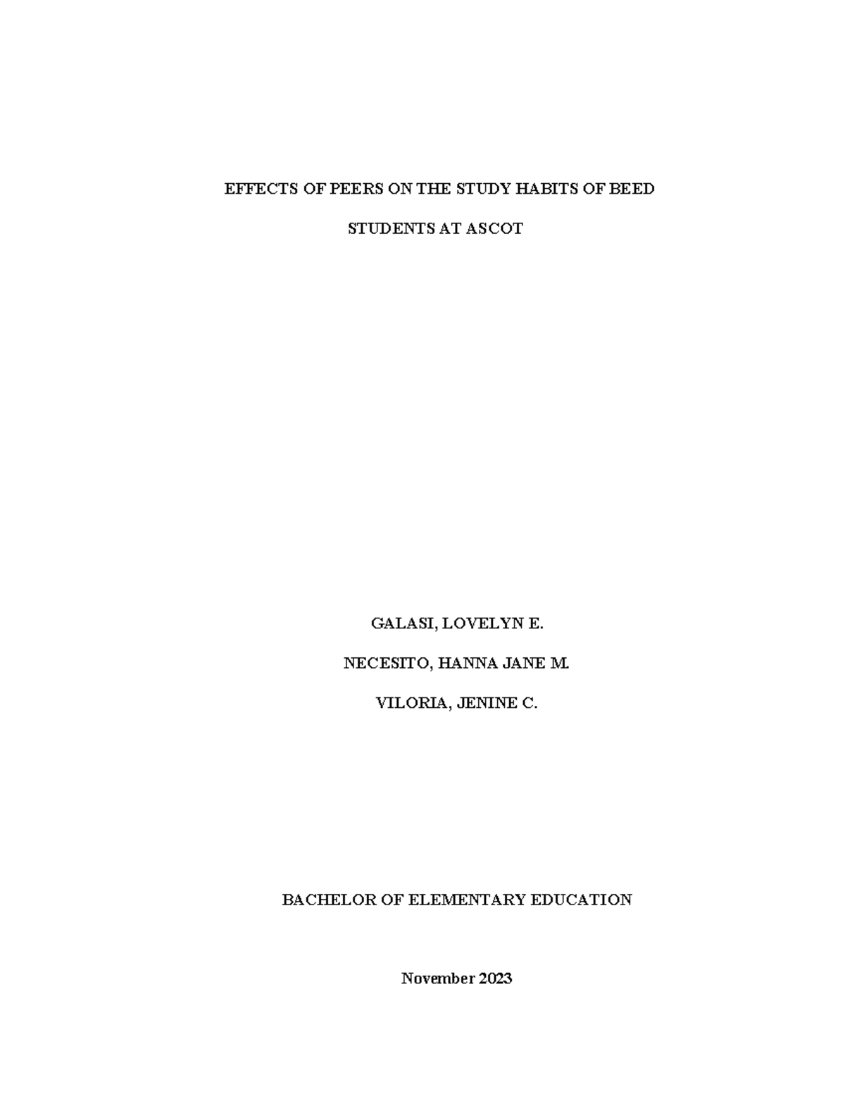 "BEED Student Study Habits: Influence of Peers at ASCOT - Chapter 1 ...