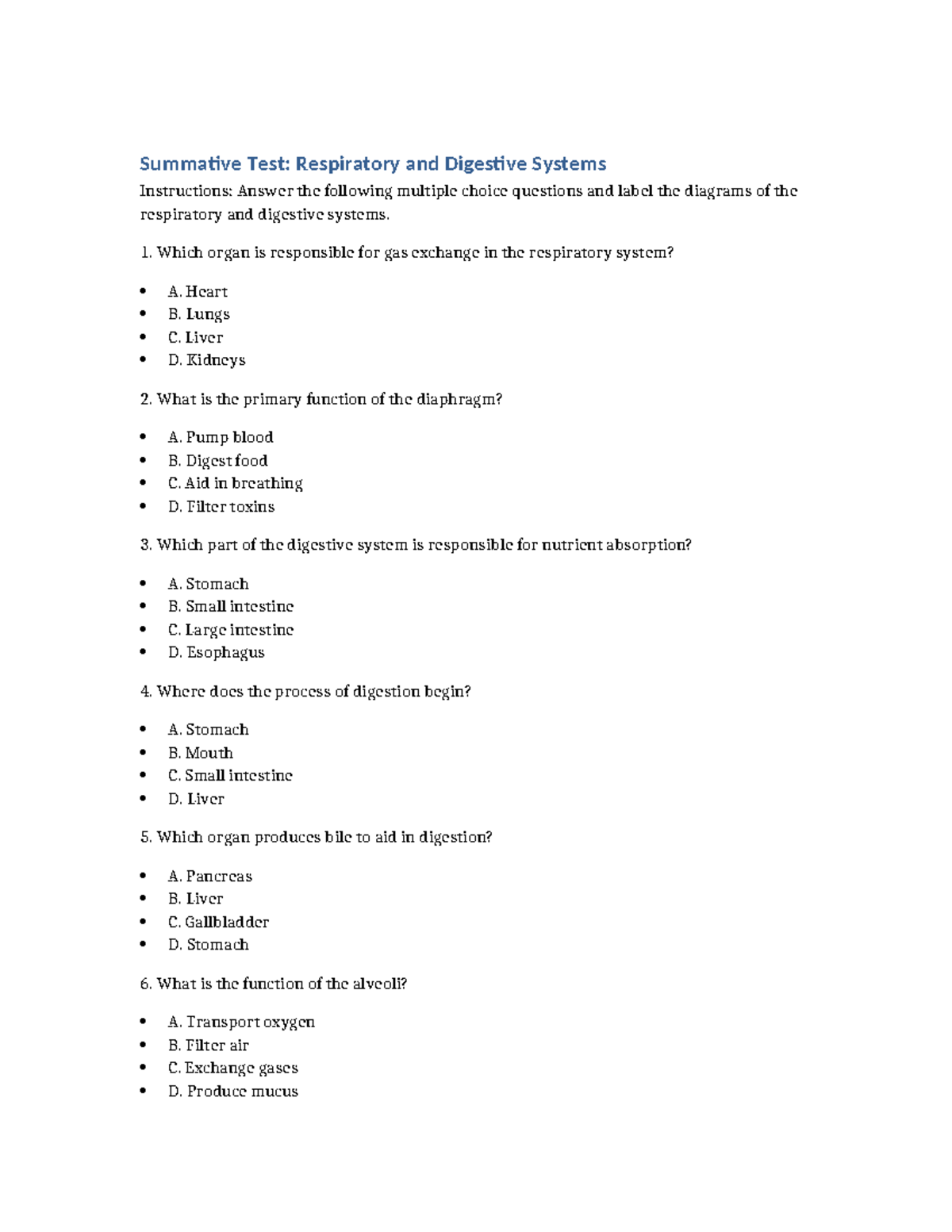 Summative Test: Respiratory & Digestive Systems - Studocu