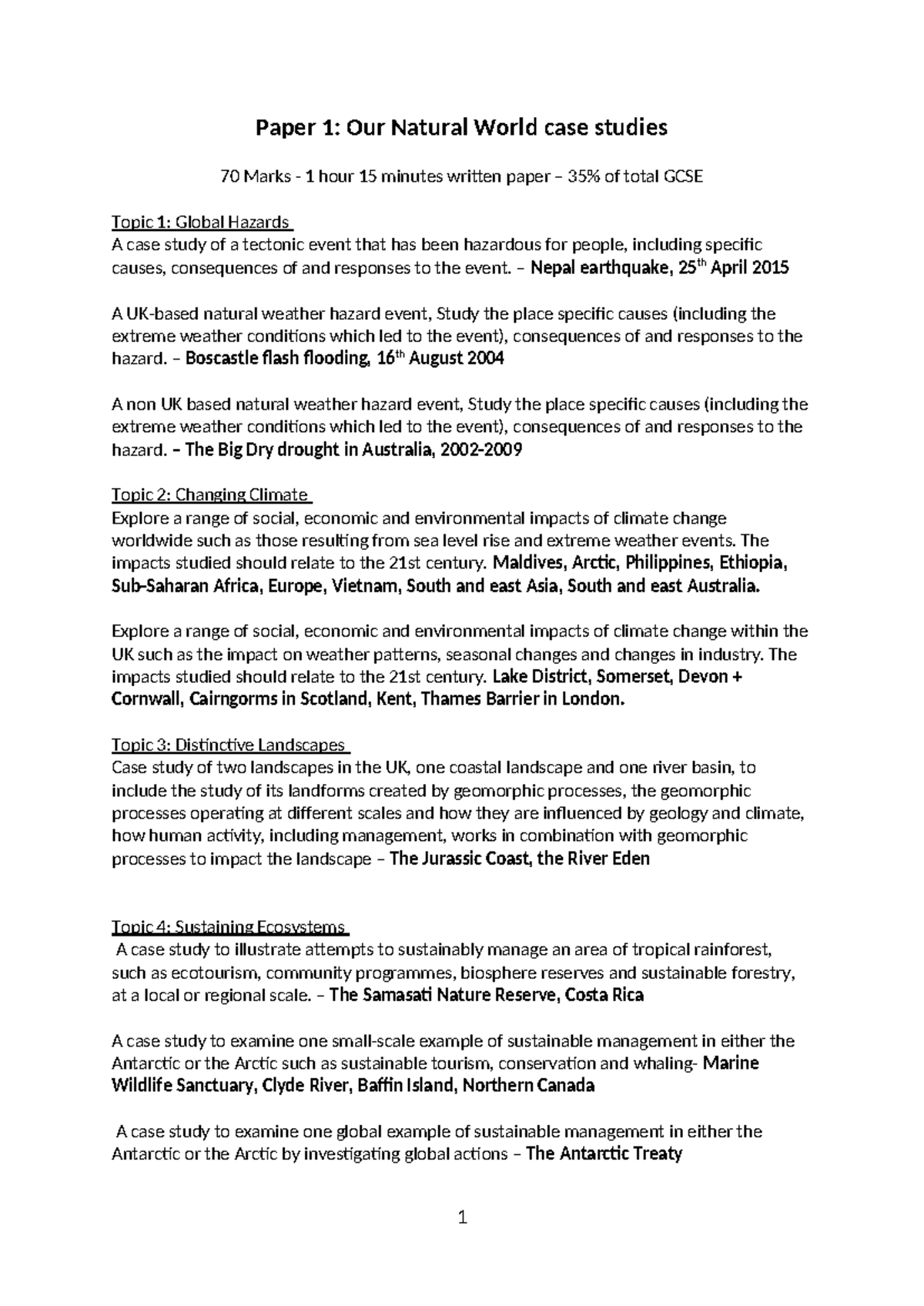 GCSE Geography Paper 1: Case Studies on Global Hazards and Climate ...