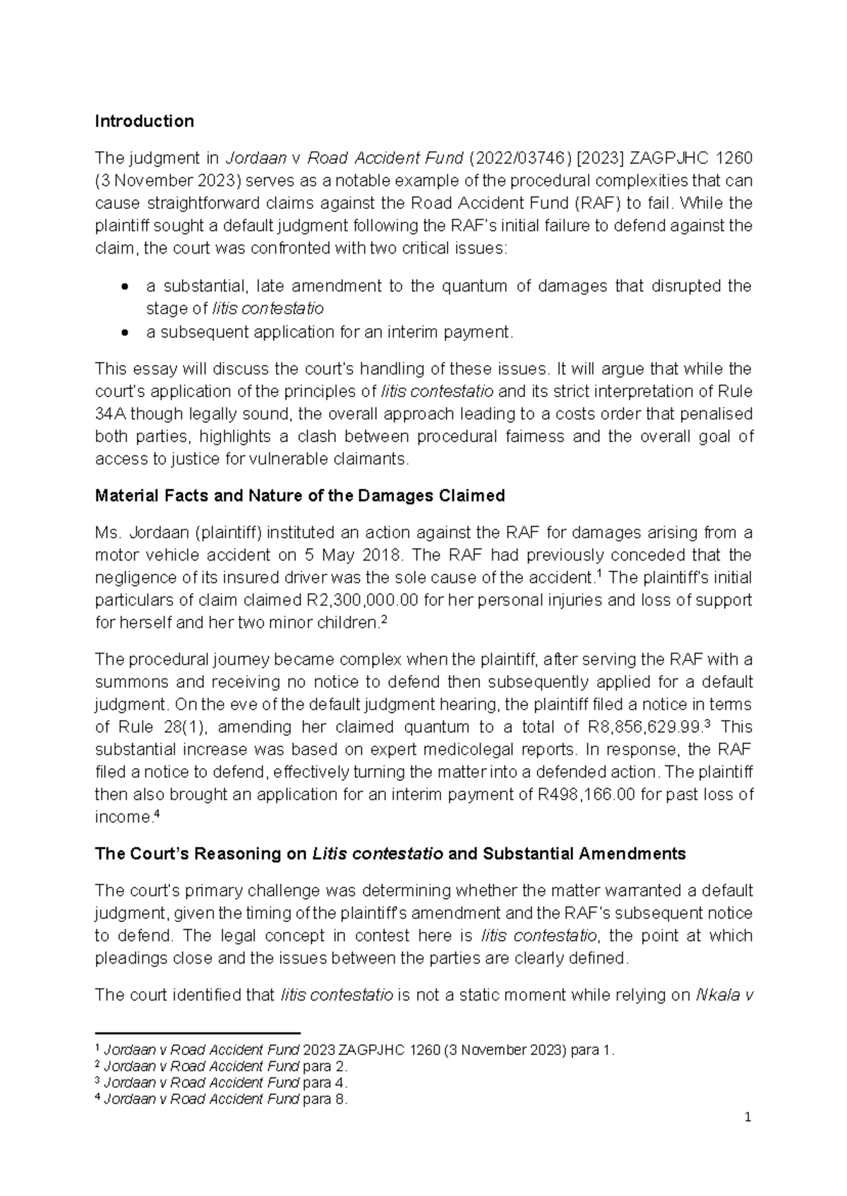 Analysis of Jordaan v Road Accident Fund: LPL4802 Assignment 1 - Studocu