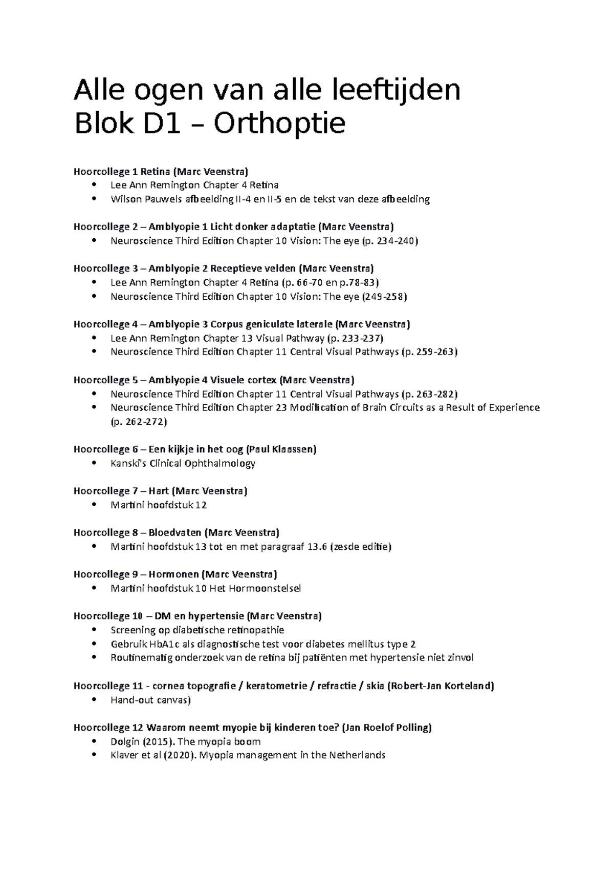 Hoorcollegeleerdoelen Blok D1 – Orthoptie: Alle Leeftijden en Ogen - Studeersnel
