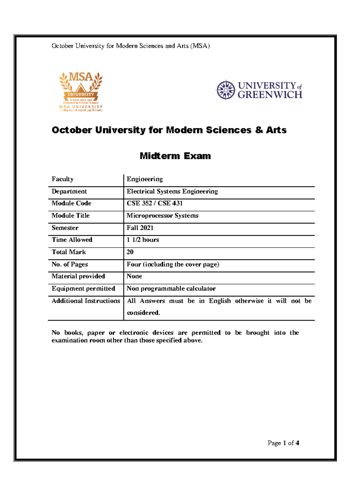 Midterm Exam Microprocessor Systems Fall2021 October University For