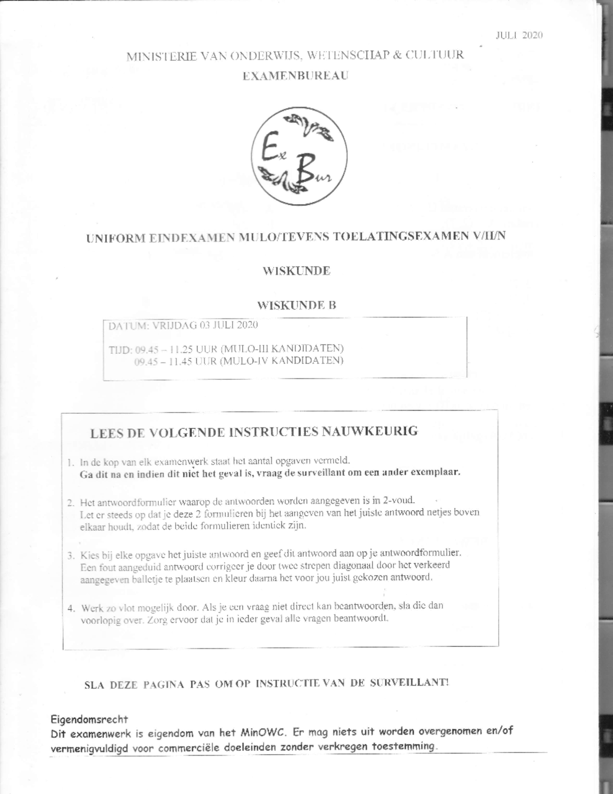 Wiskunde B Examenwerk, MULO-III & MULO-IV; Juli 2020 - Studocu