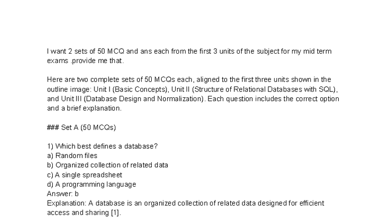 DBMS Midterm Exam MCQs & Answers: Units I-III (50 Questions Each) - Studocu