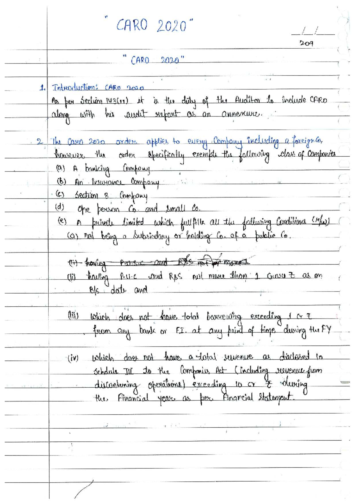 CA Inter Audit Handwritten Notes: CARO 2020 Analysis & Key Points - Studocu