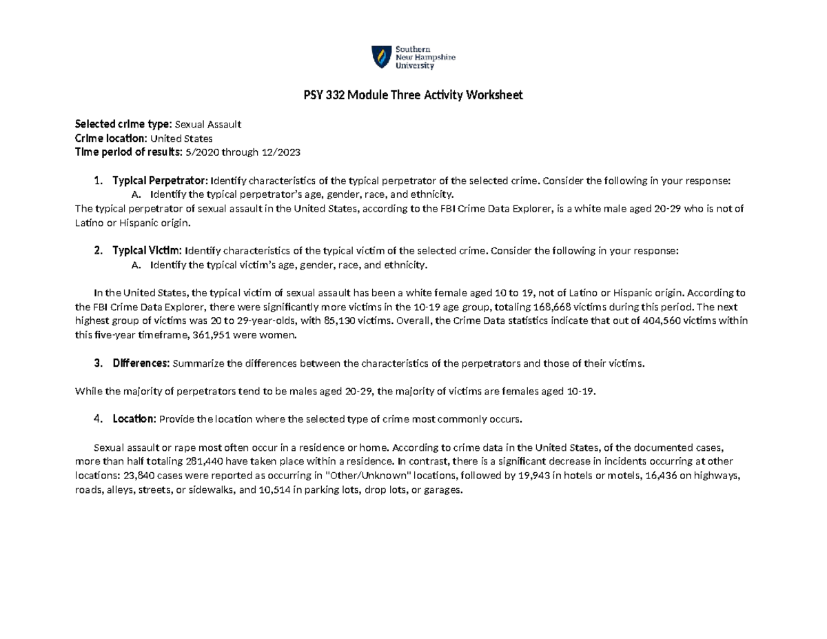 PSY 332 Module 3 Activity: Characteristics of Sexual Assault ...