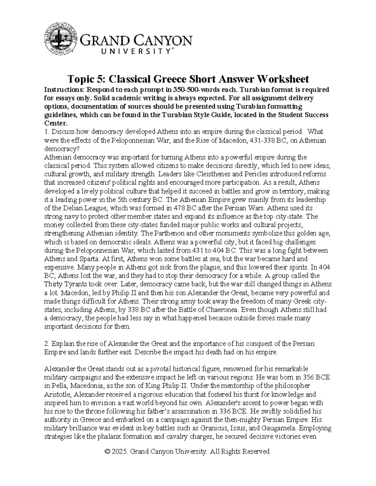 HIS-325 T5 Classical Greece Worksheet - Topic 5: Classical Greece Short ...