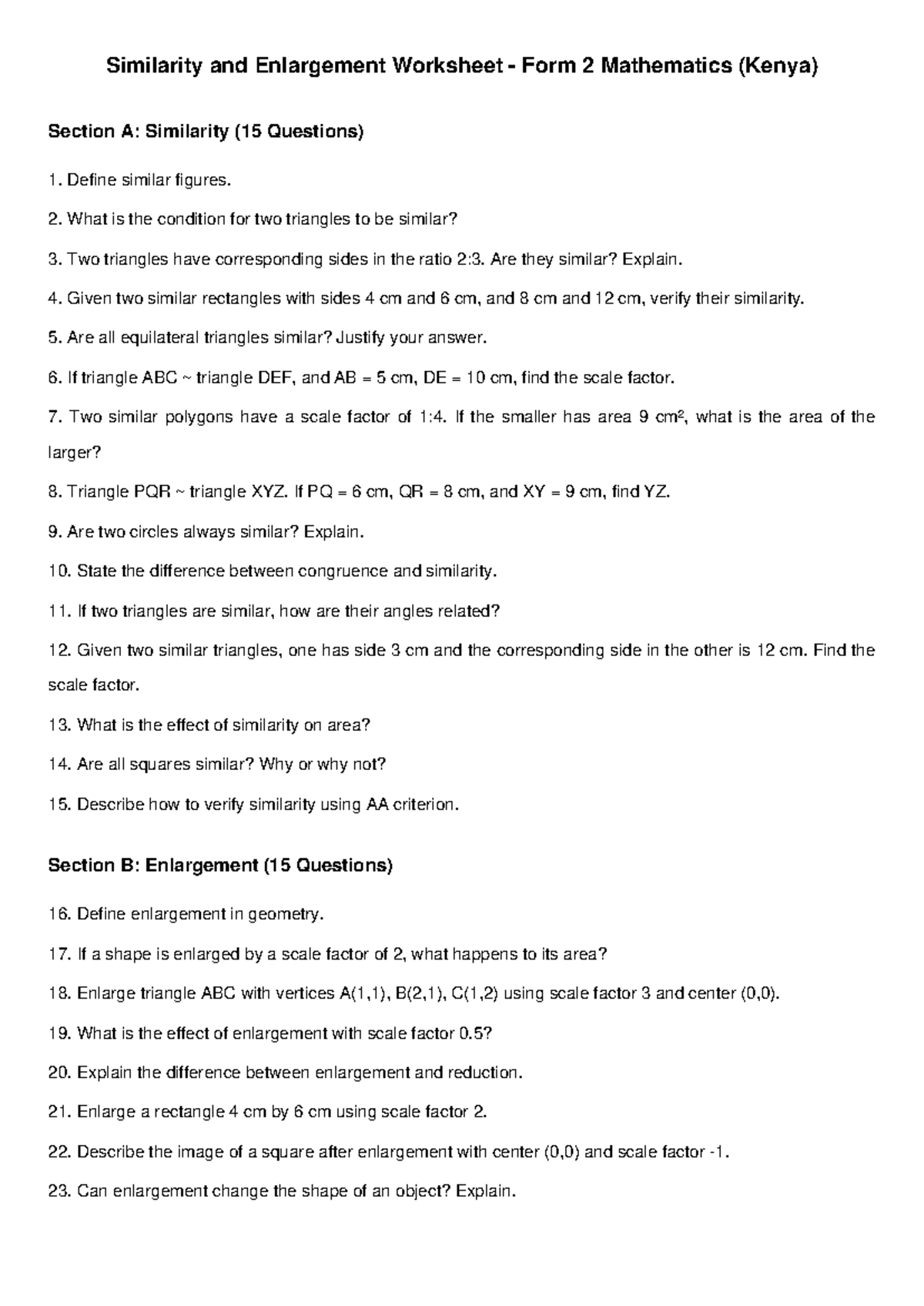 Similarity and Enlargement Worksheet Form 2 Mathematics - Studocu