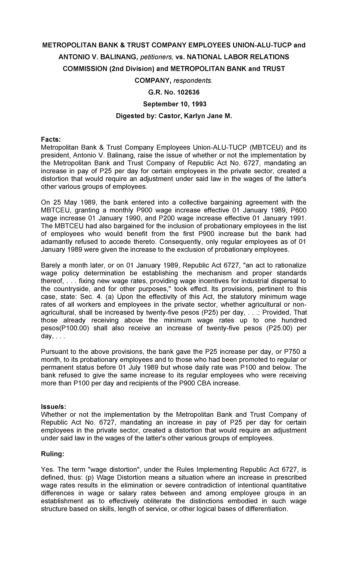 G.R. No. 102636: Metropolitan Bank vs. NLRC Case Digest by Castor - Studocu