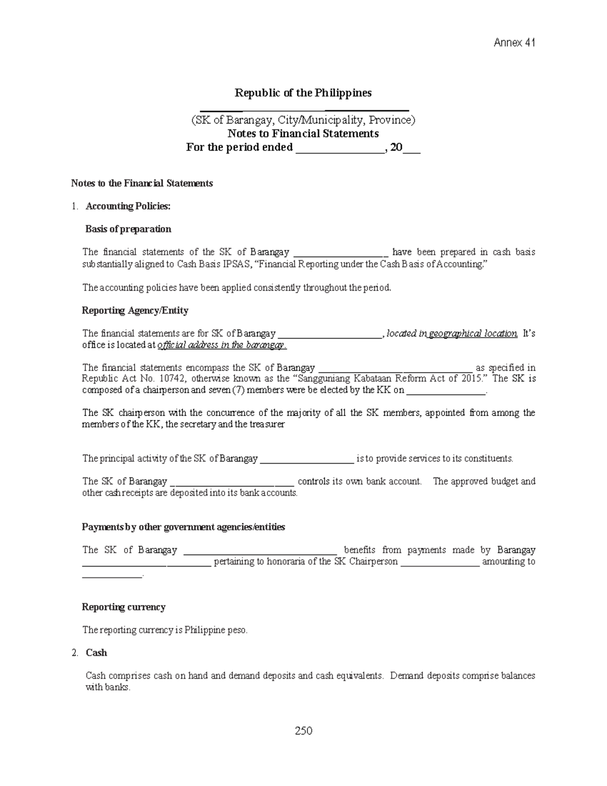 Annex 41: Financial Statements Notes for SK of Barangay 2023 Report ...
